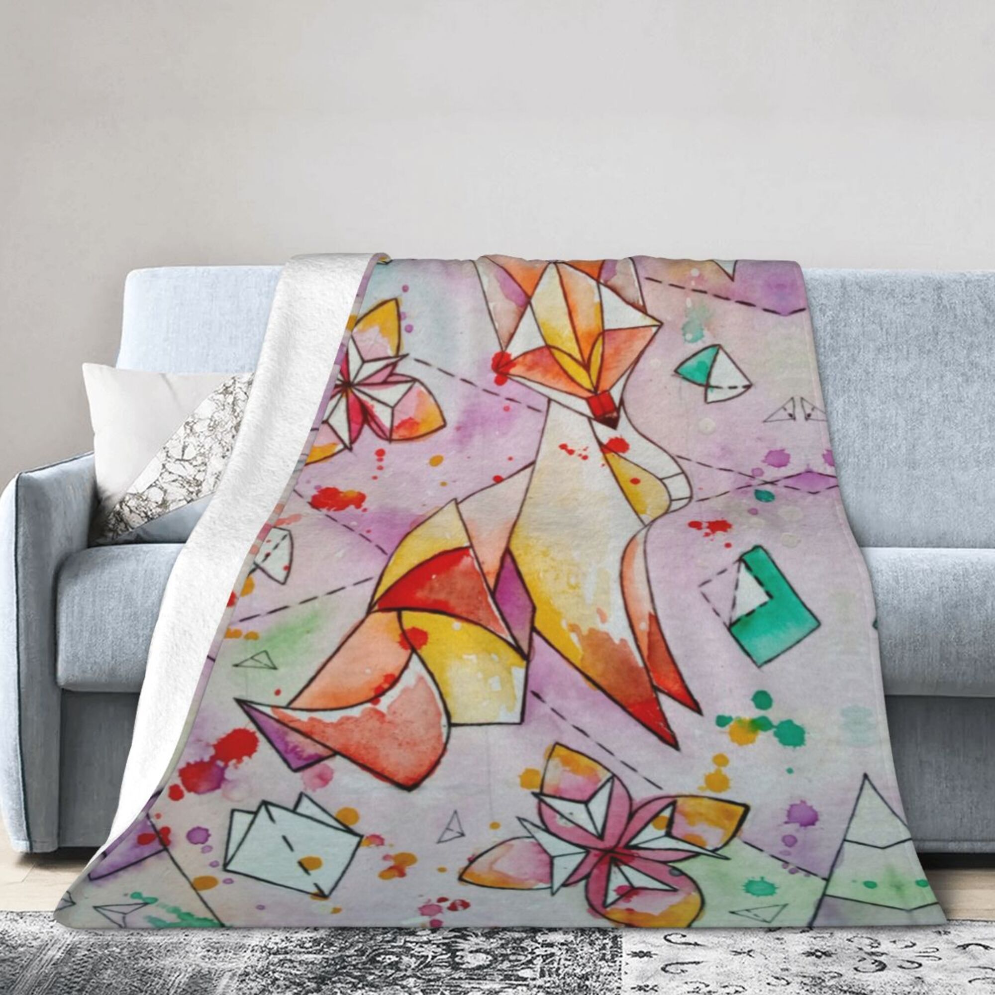 PUREYAH Travel Throw Blanket for Couch, Drawing Origami A Fox ...