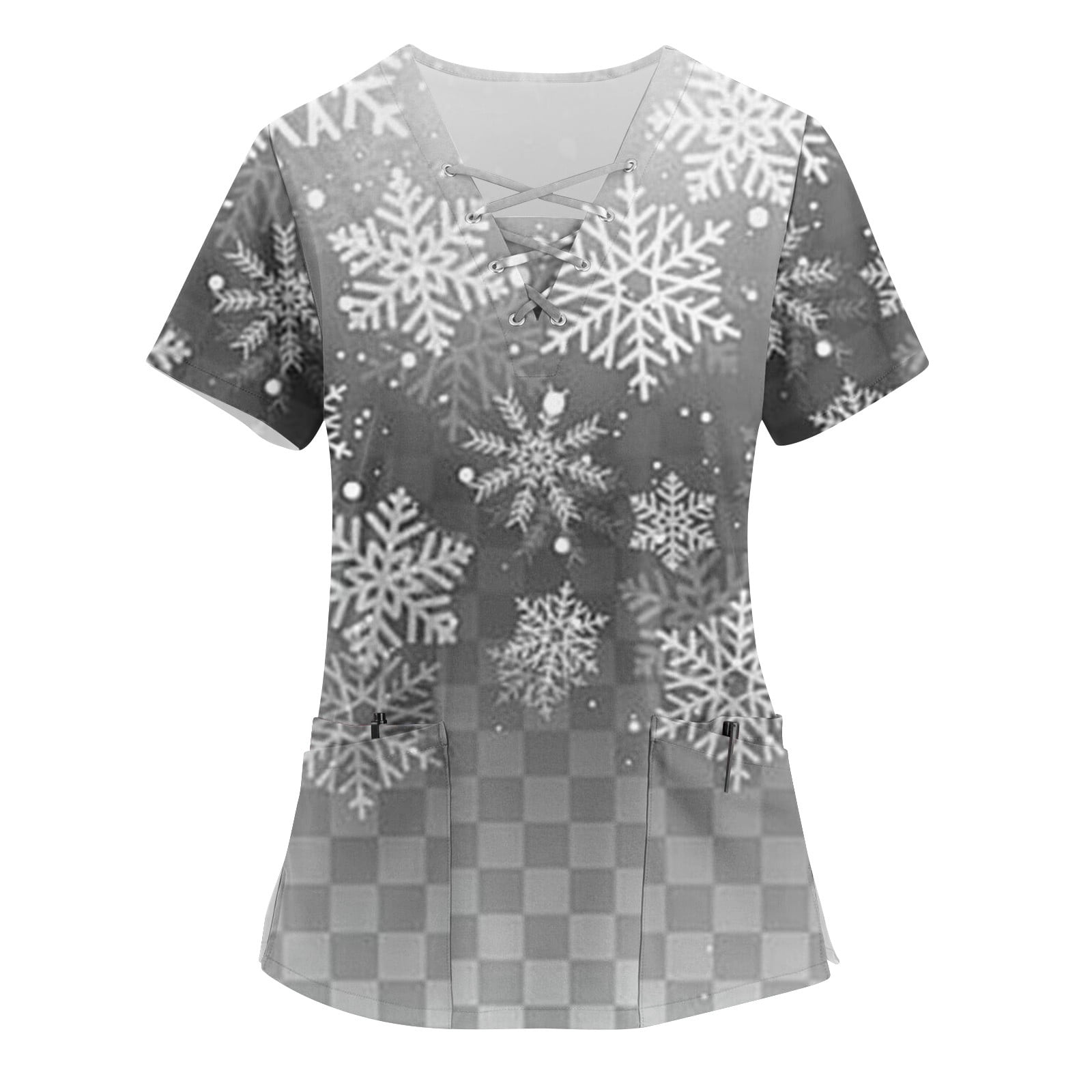 Purjkpu Christmas Scrub Top For Woman Plus Size Cartoon Short Sleeve