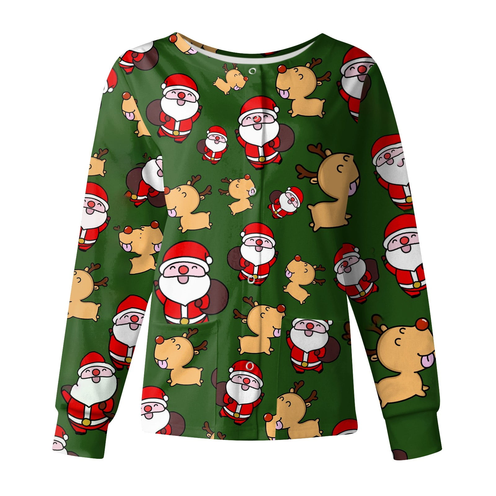 Purjkpu Christmas Women Scrub Jacket Santa Print Scrub Top Stretch Soft Snap Front Nurse Uniform