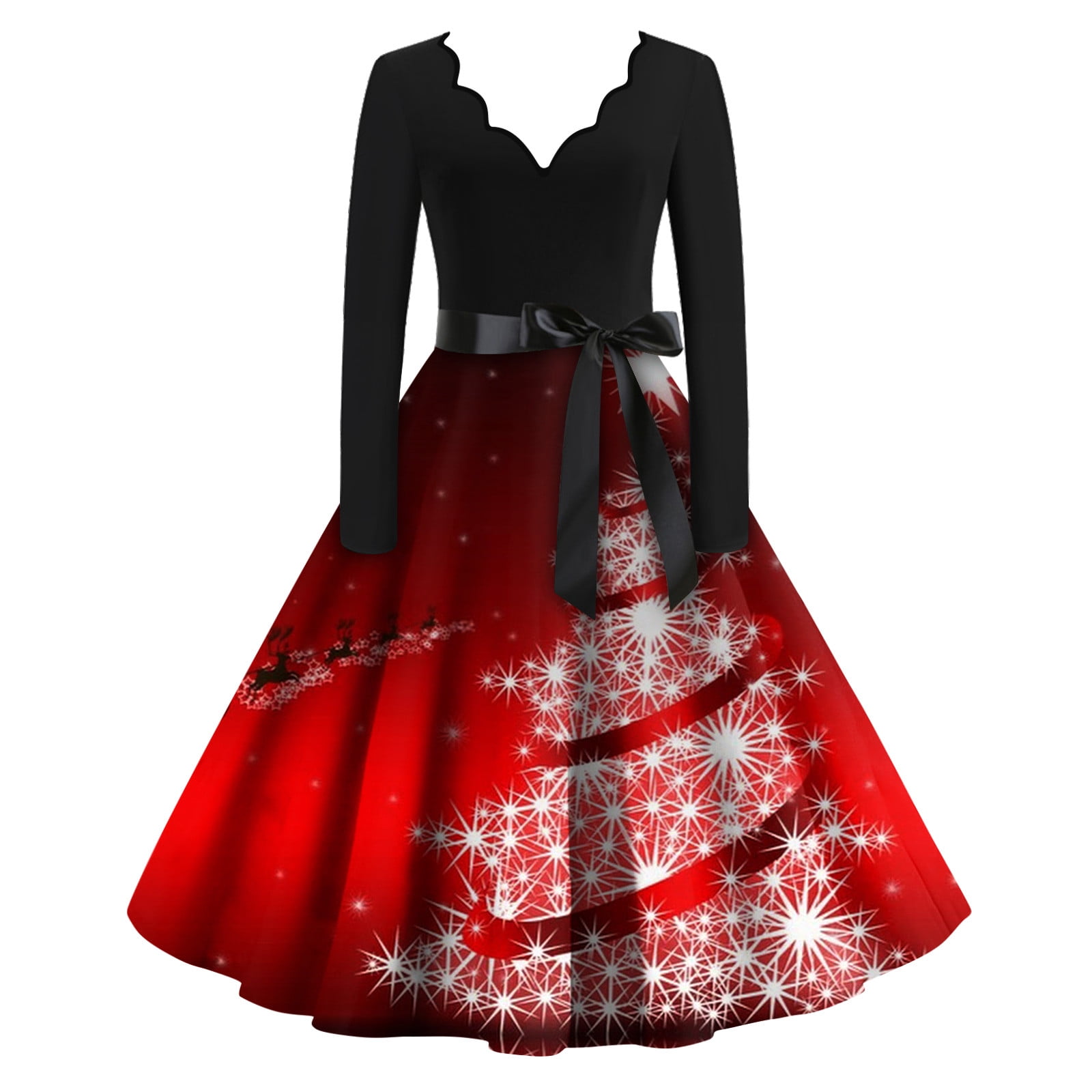 Purjkpu Red Christmas Dress Woman Long Sleeve V Neck Cocktail Dress