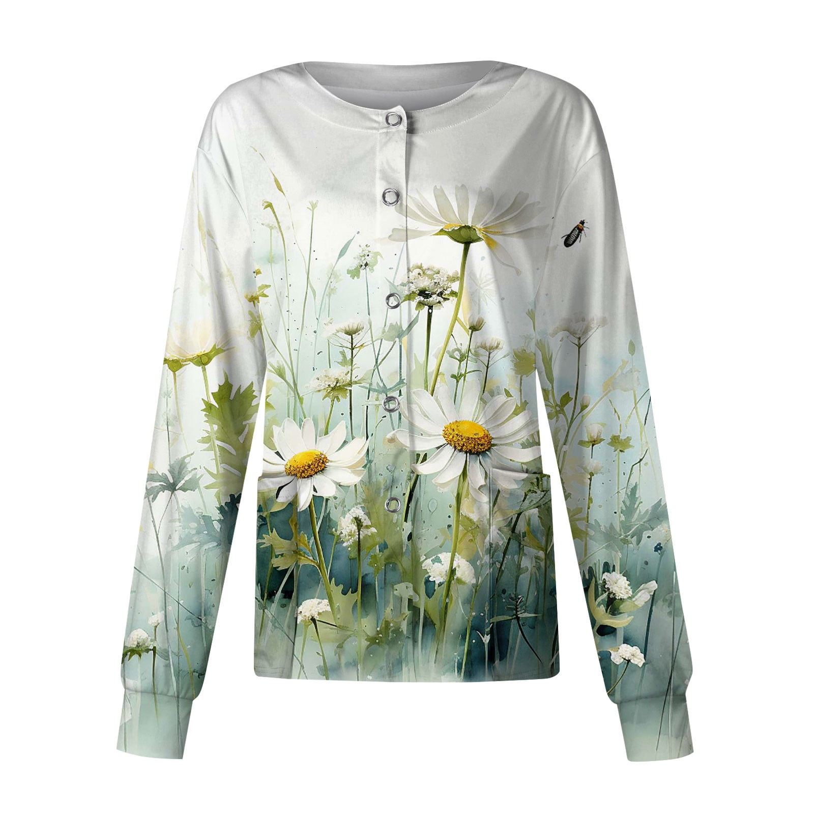 PURJKPU Scrub Jackets for Women Floral Printed Crewneck Nurse Uniforms ...