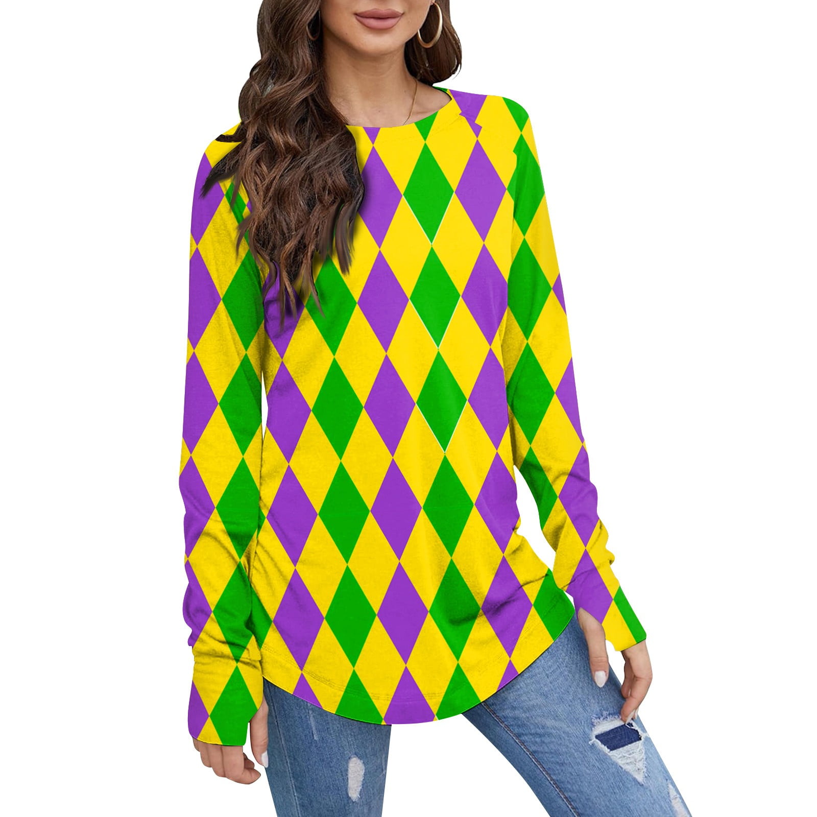 Purjkpu Women Long Sleeve Tops Plus Size Mardi Gras Striped Graphic