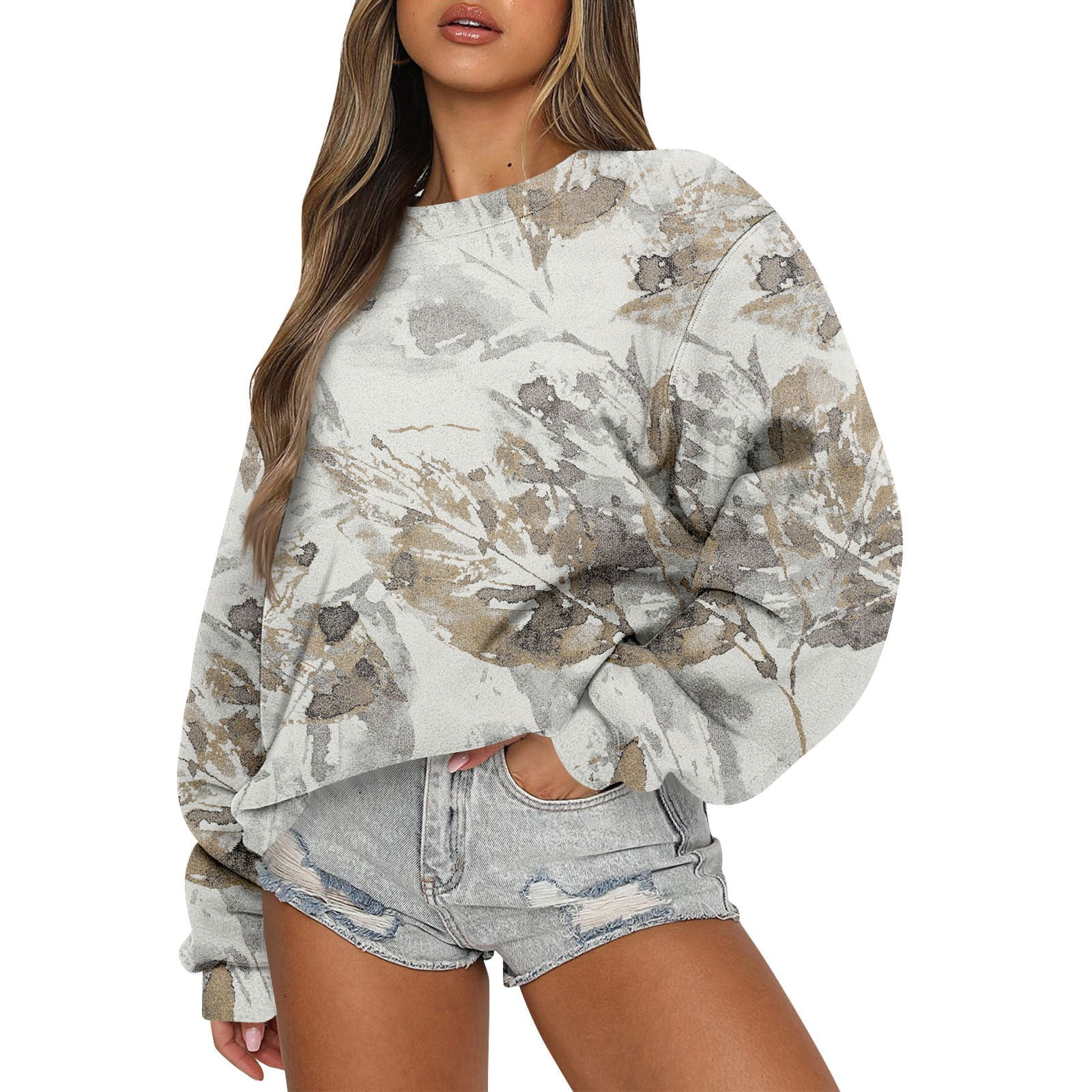Purjkpu Womens Camo Sweatshirt Maple Leaf Print Pullover Fleece Crew