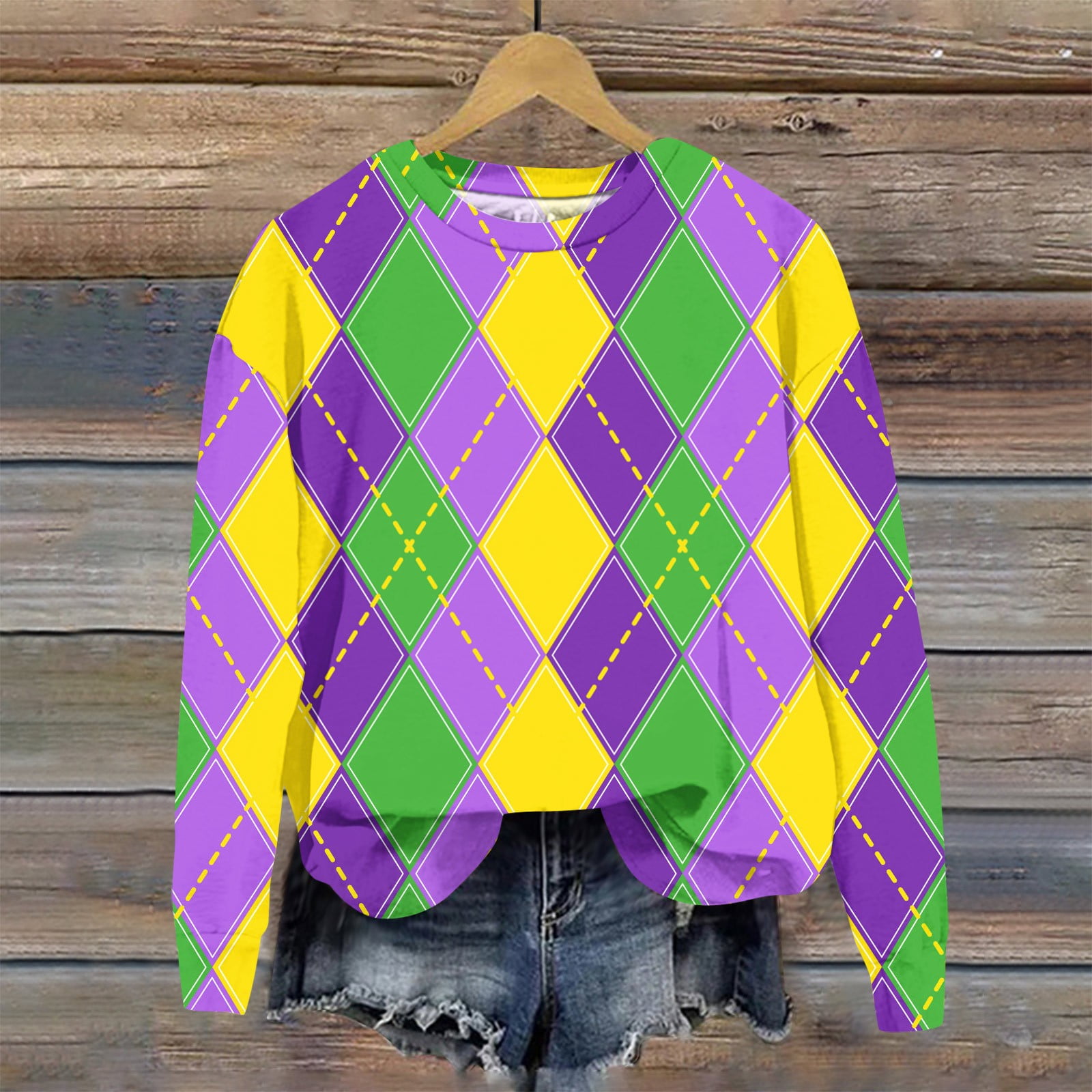 Purjkpu Womens Mardi Gras Sweatshirt Plus Size Long Sleeve Carnival