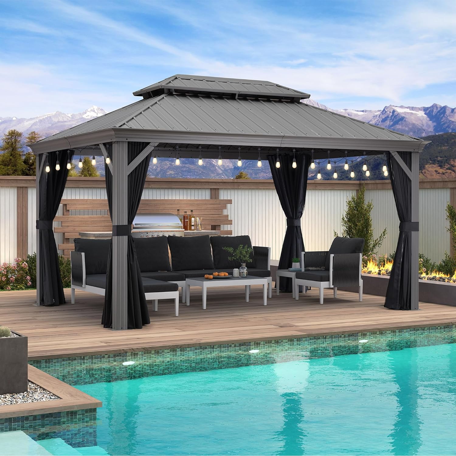 PURPLE LEAF 10' x 14' Hardtop Gazebo with String Lights, Outdoor Metal ...