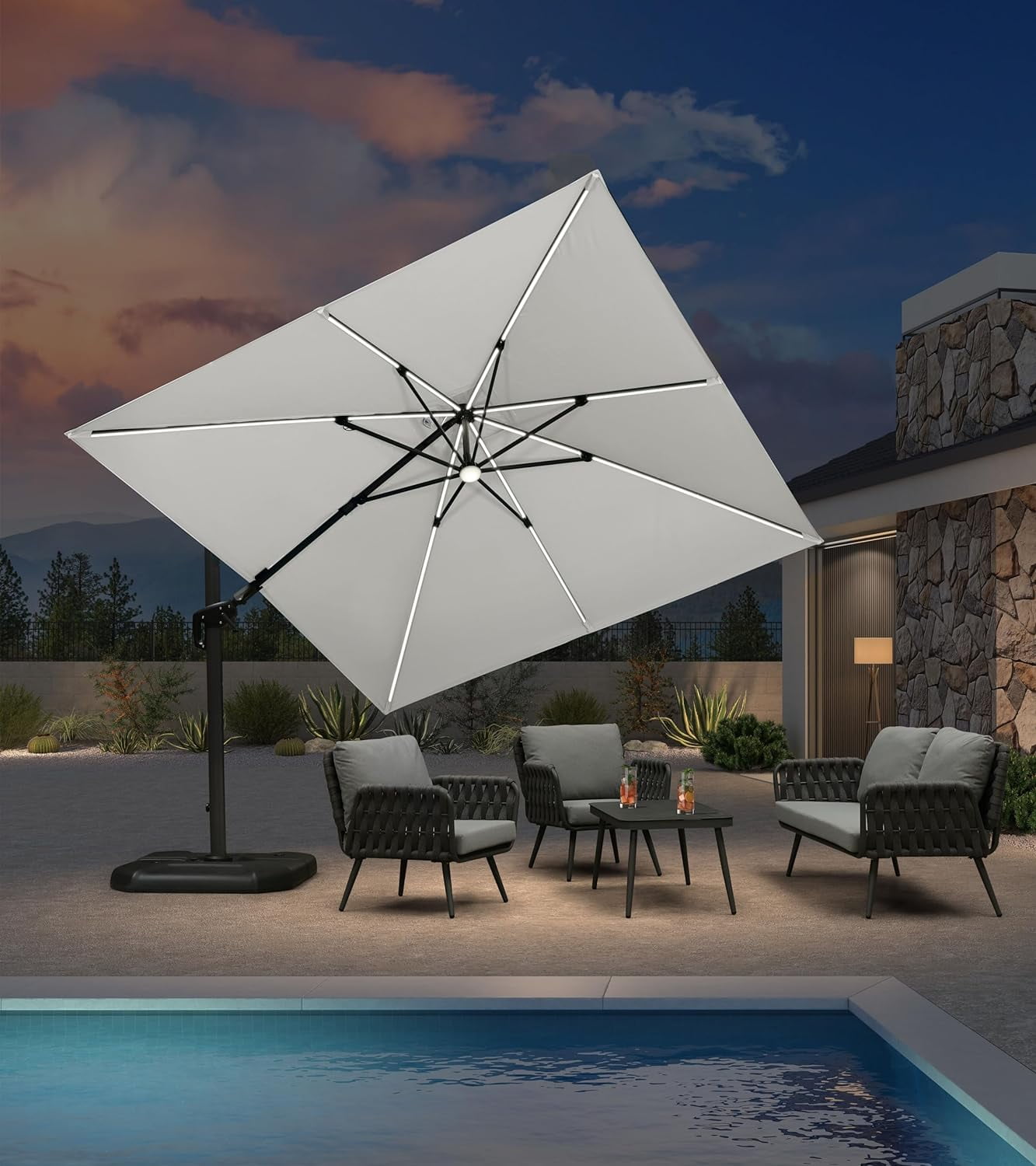 PURPLE LEAF 10x10 Ft Cantilever Umbrella Square Swivel Solar Powered ...