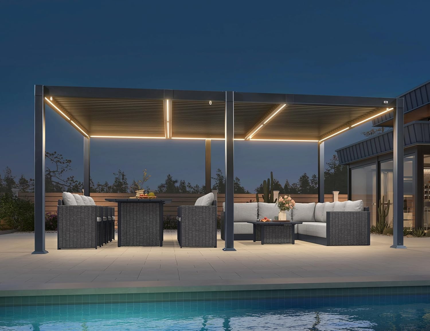 PURPLE LEAF 11.5' x 17.5' Solar Louvered Pergola with LED String Lights ...