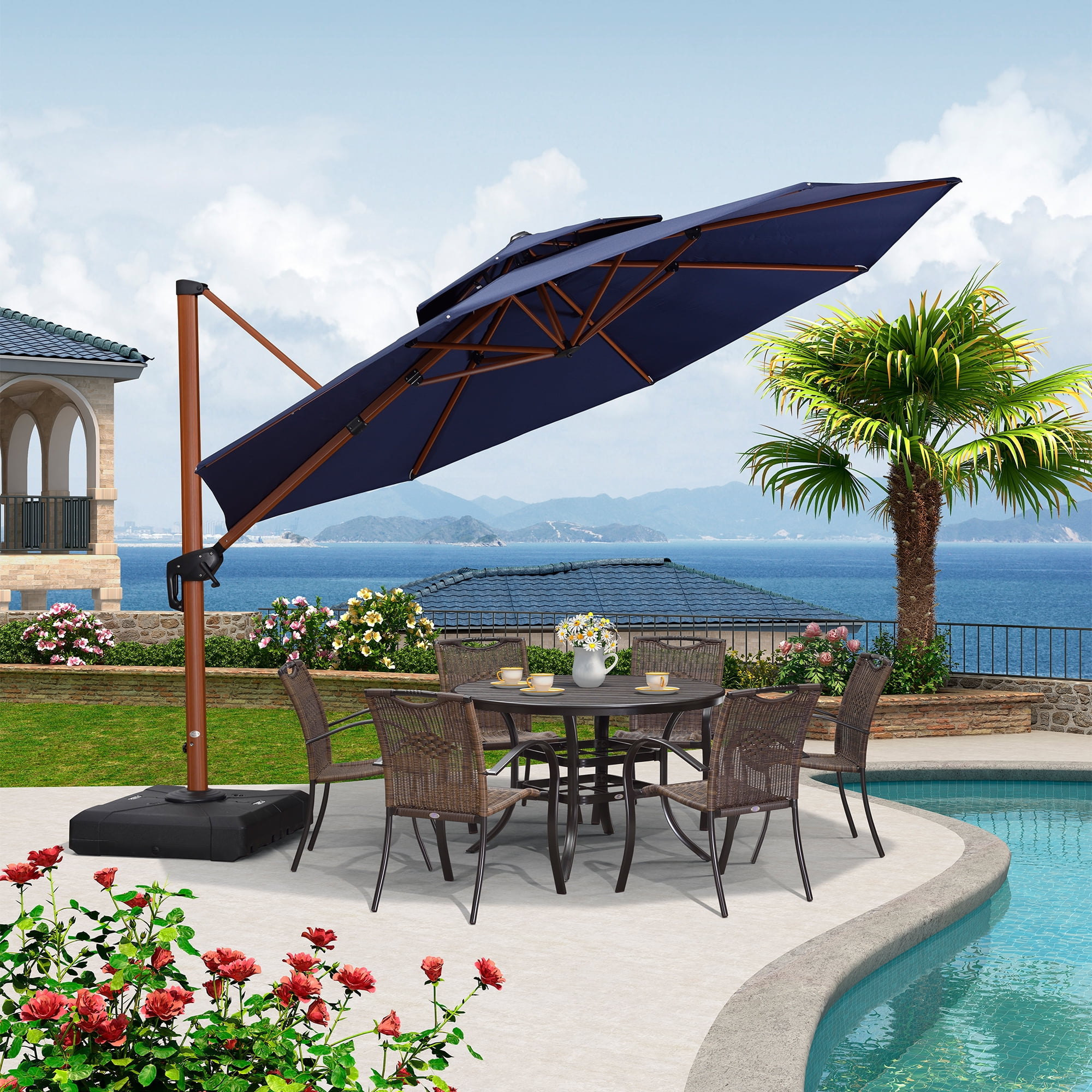 PURPLE LEAF 12FT Deluxe Round Wood Grain Patio Umbrella, Large Offset ...