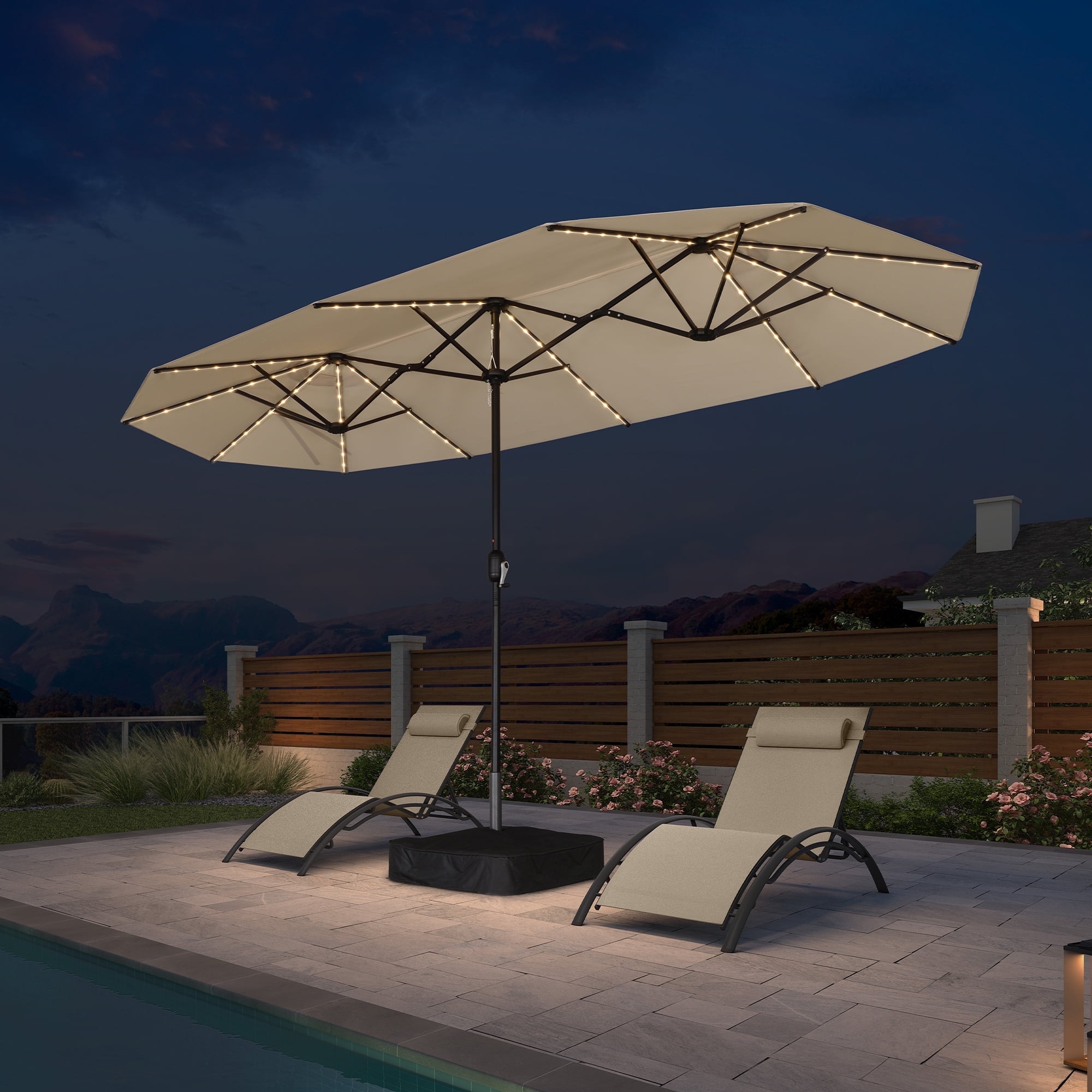 PURPLE LEAF 13ft Patio Market Umbrella with Solar LED and Base Double ...