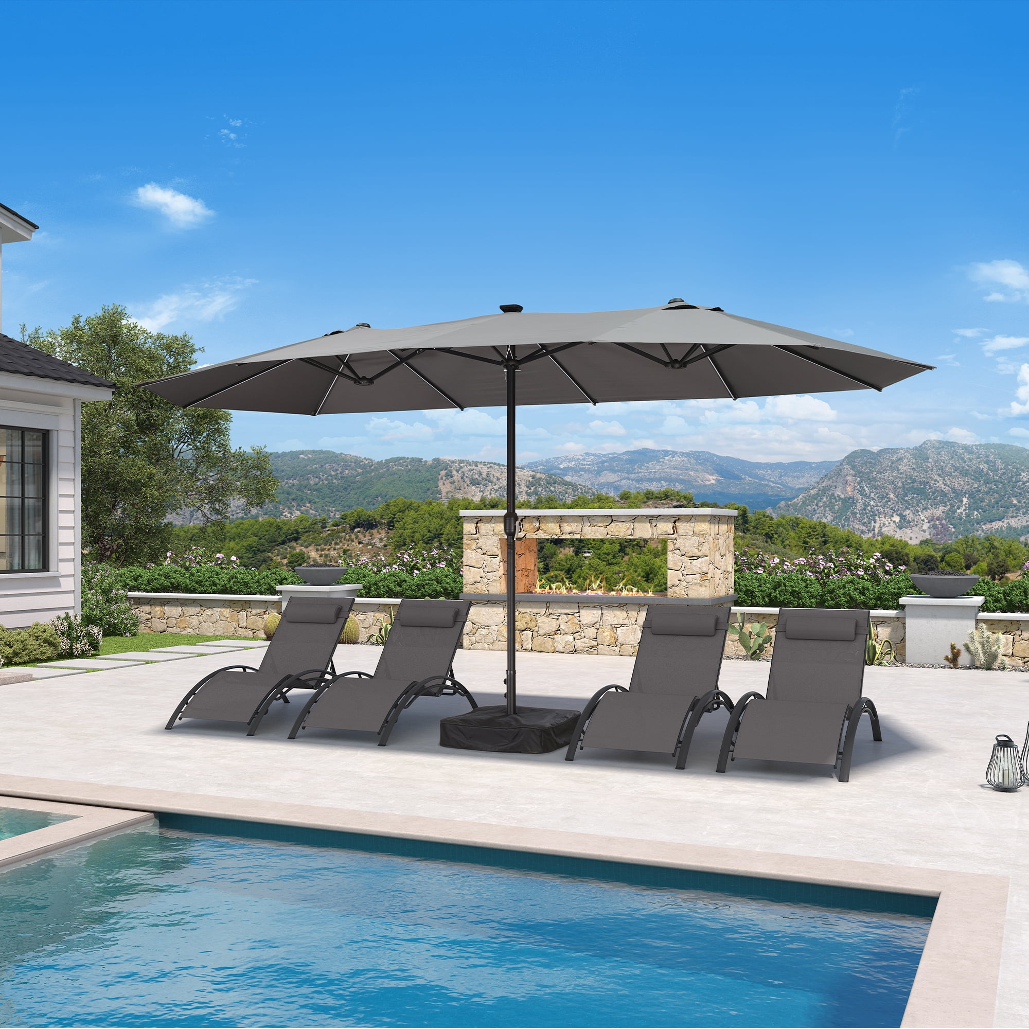 PURPLE LEAF 14ft Market Umbrella with Solar LED and Base Double-Sided ...