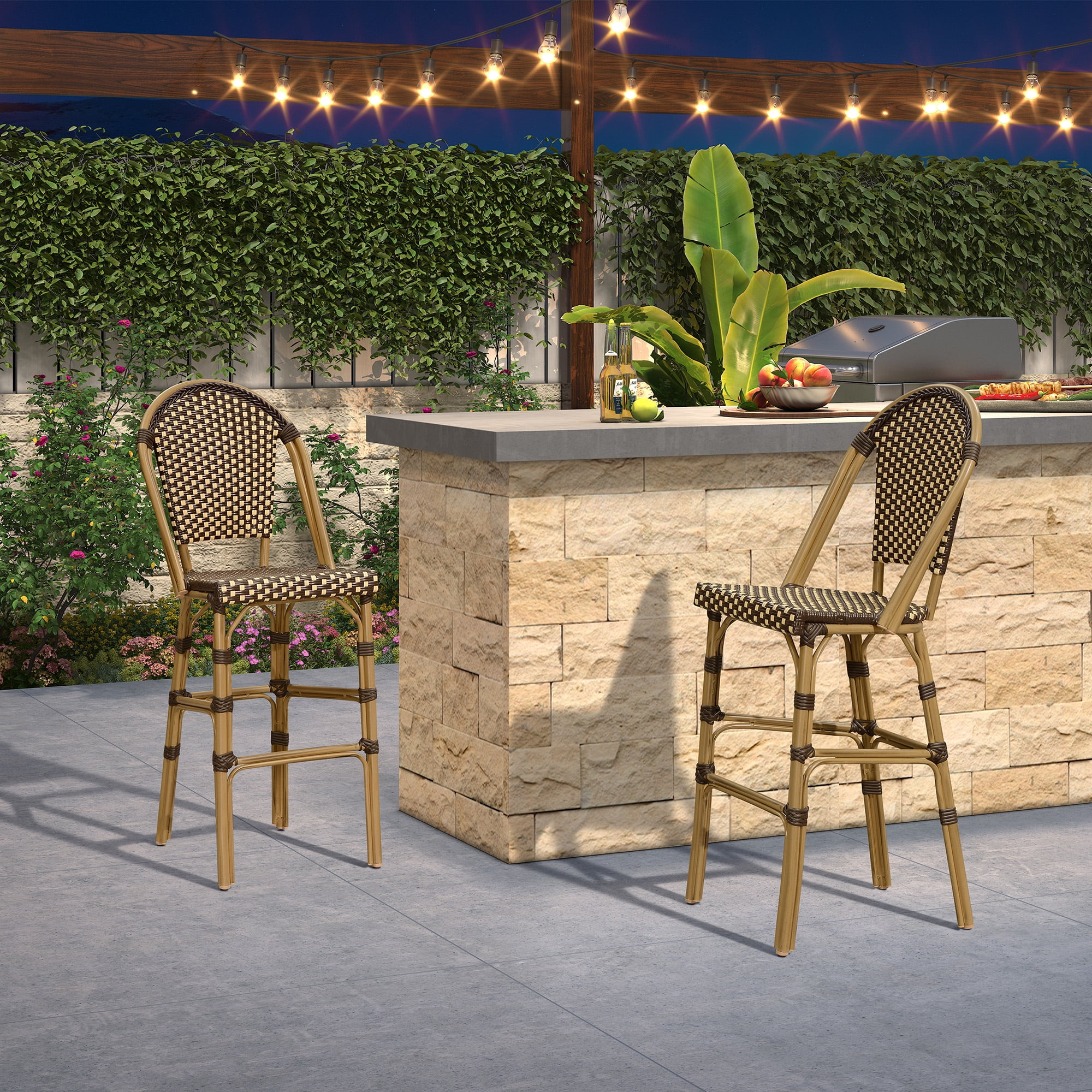 PURPLE LEAF Bar Stools Set of 2 French Outdoor Bar Stool Bamboo Print ...