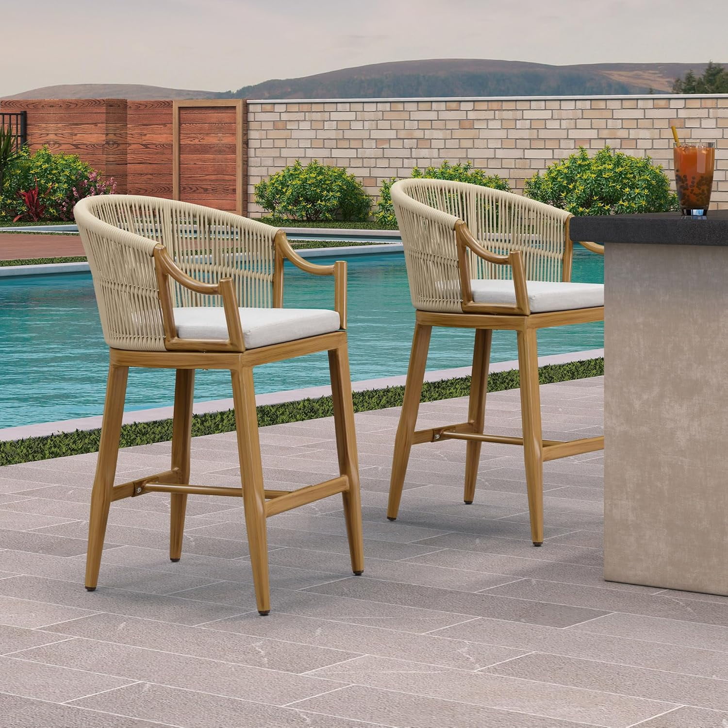PURPLE LEAF Counter Height Bar Stools Set of 2 Patio Rattan Bar Stool ...