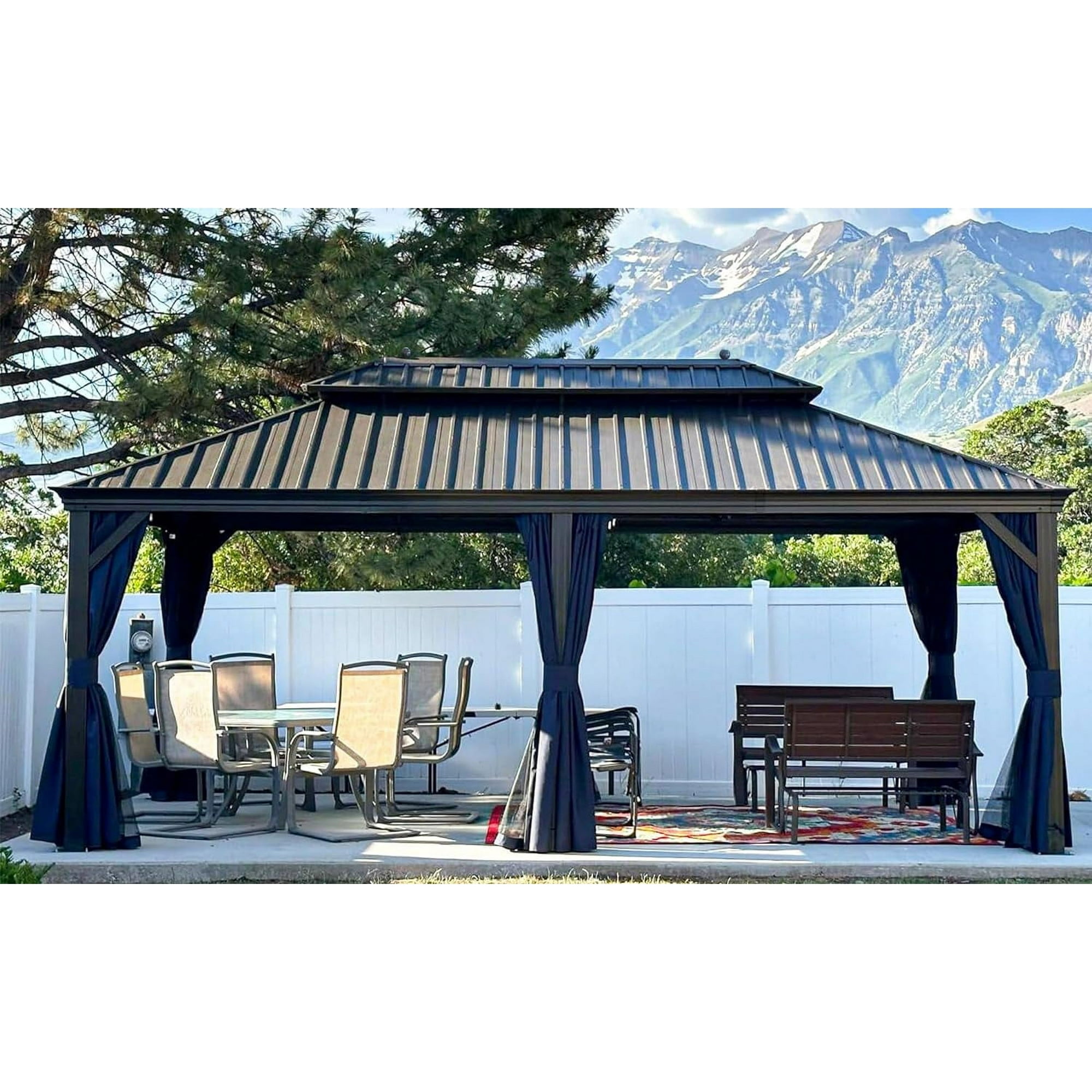 Mellcom 13'x11' Hardtop Cedar Wood Gazebo, Outdoor with Curtains ...