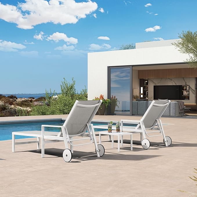 PURPLE LEAF Outdoor Chaise Lounge Chairs Set of 3, White Aluminum ...