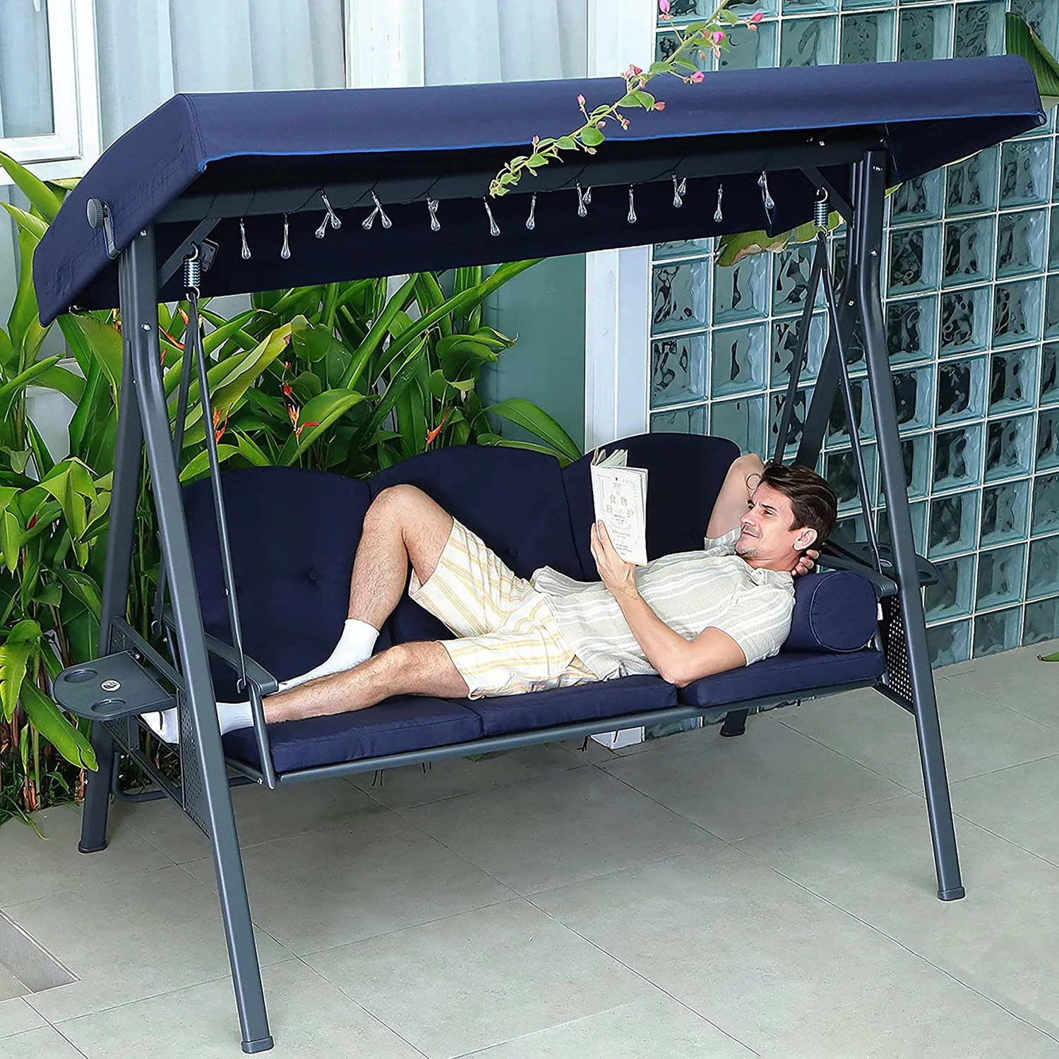 PURPLE LEAF Outdoor Patio Porch Swing with Stand, 3-Seat Swing Chair ...