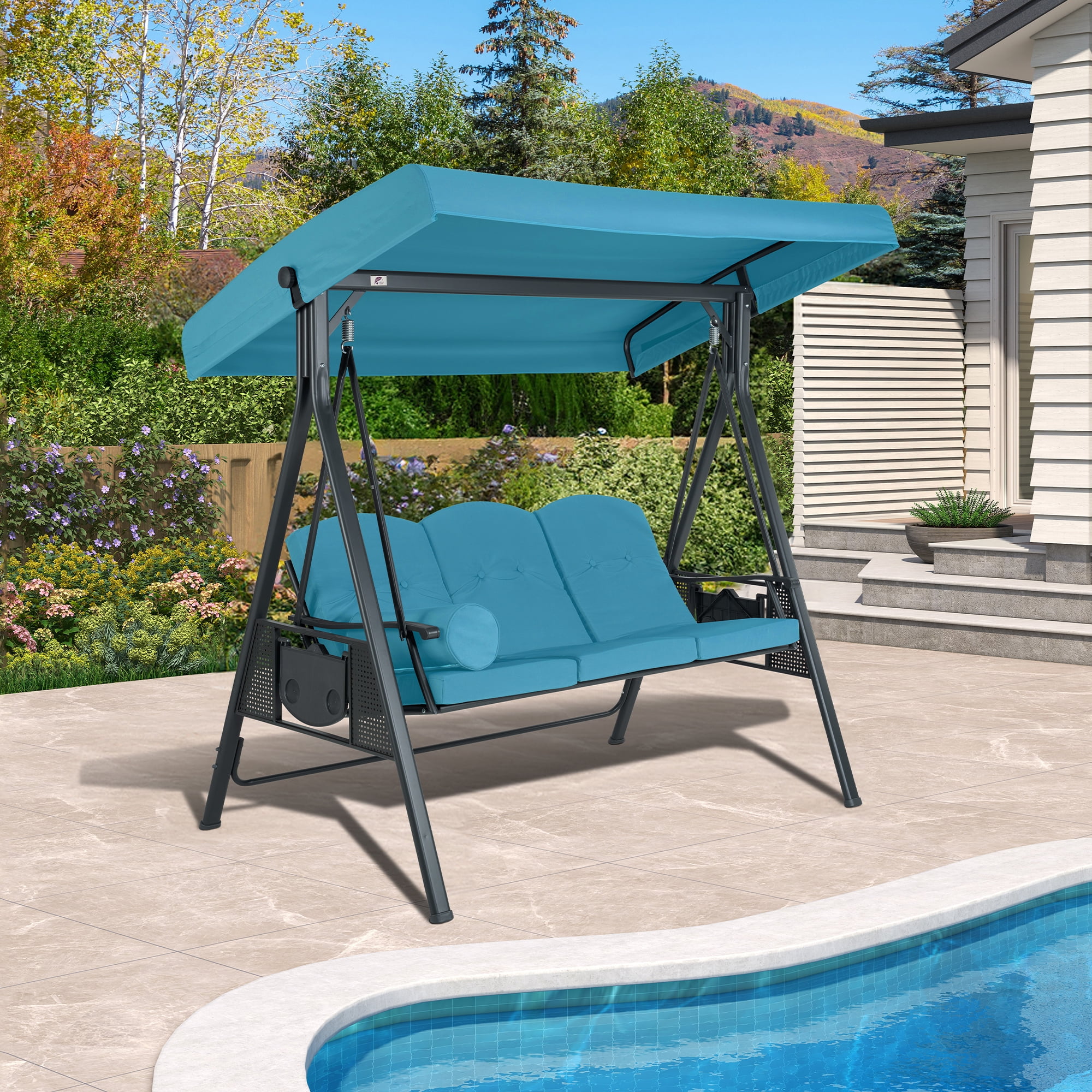 PURPLE LEAF 3-Seat Outdoor Patio Swing with Stand, Adjustable Canopy ...