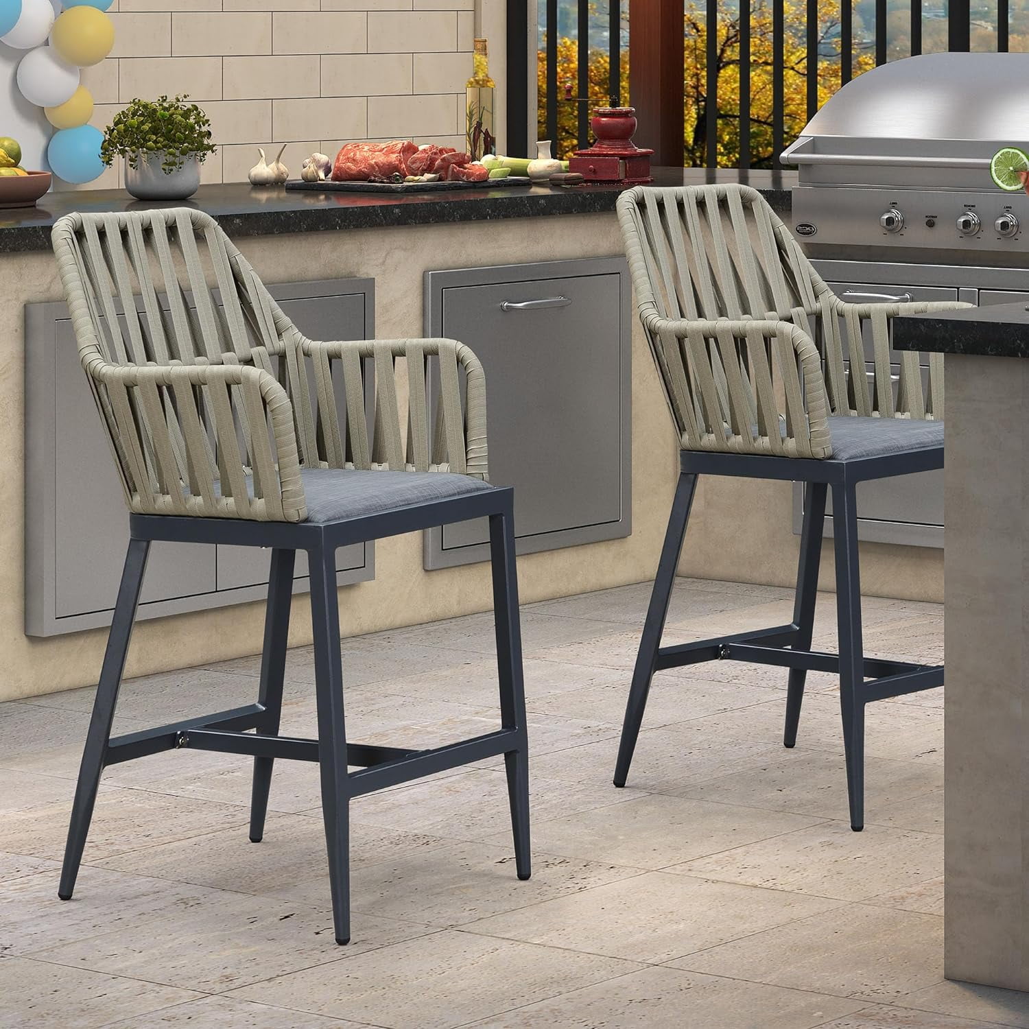 PURPLE LEAF Patio Counter Height Bar Stool Set of 2 Rattan Woven ...