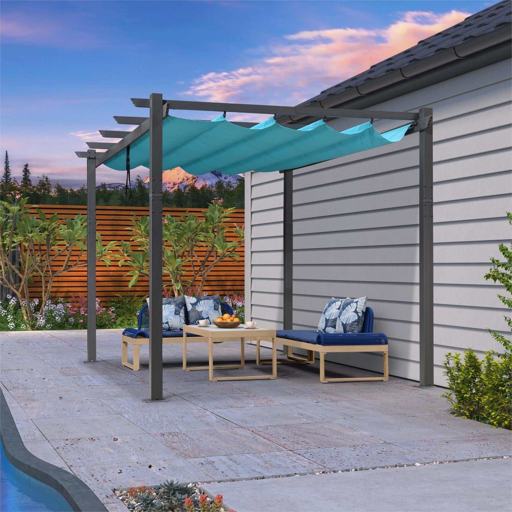 PURPLE LEAF Pergola 9.5' X 13' Outdoor Retractable Pergola Against The ...