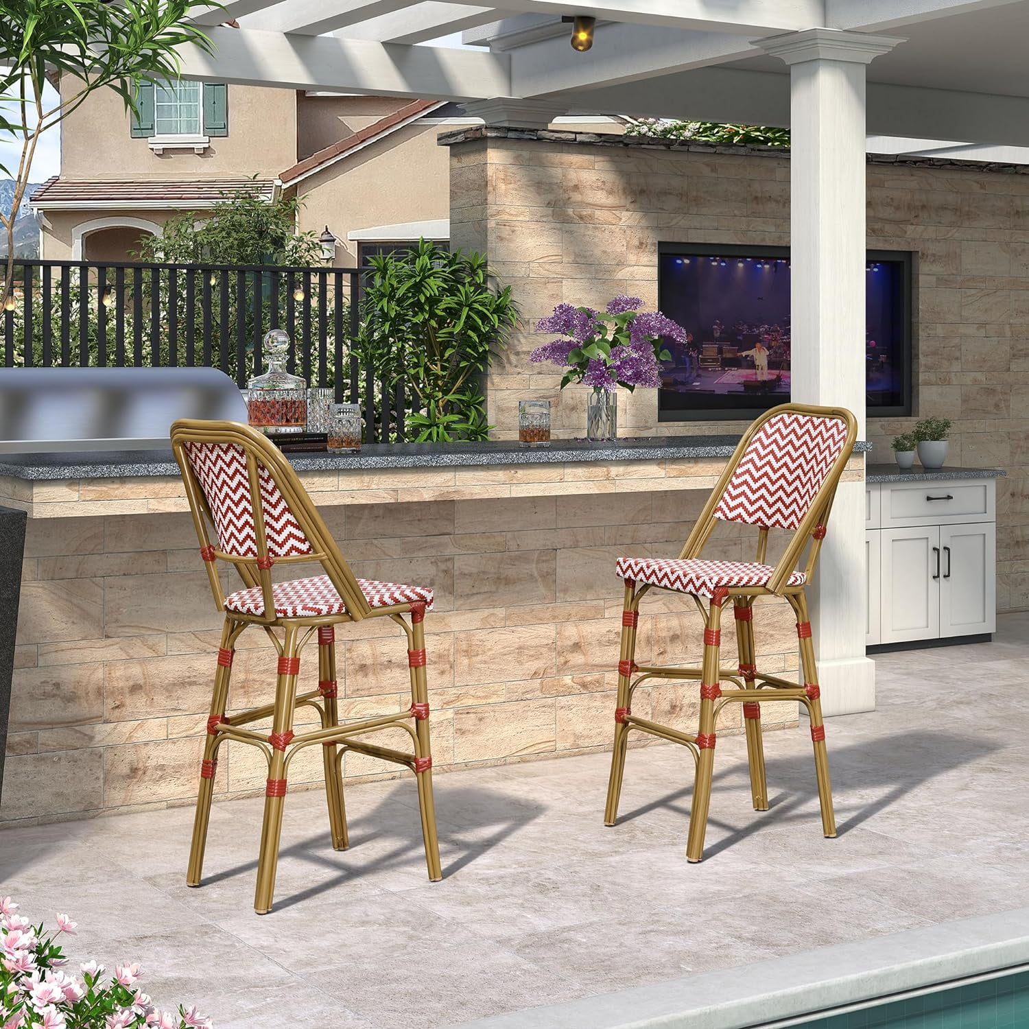 PURPLE LEAF Set of 2 French Outdoor Bar Height Bar Stool Aluminum Frame ...