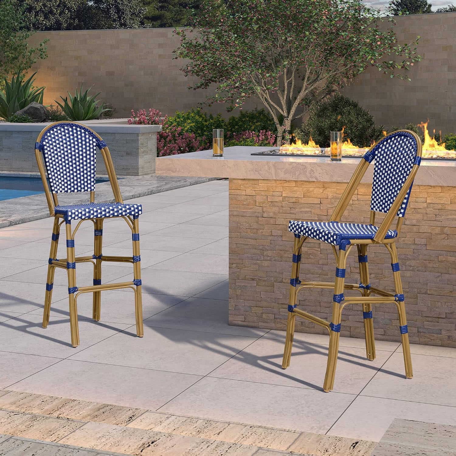 PURPLE LEAF Set of 2 French Outdoor Bar Height Bar Stool Bamboo Print ...