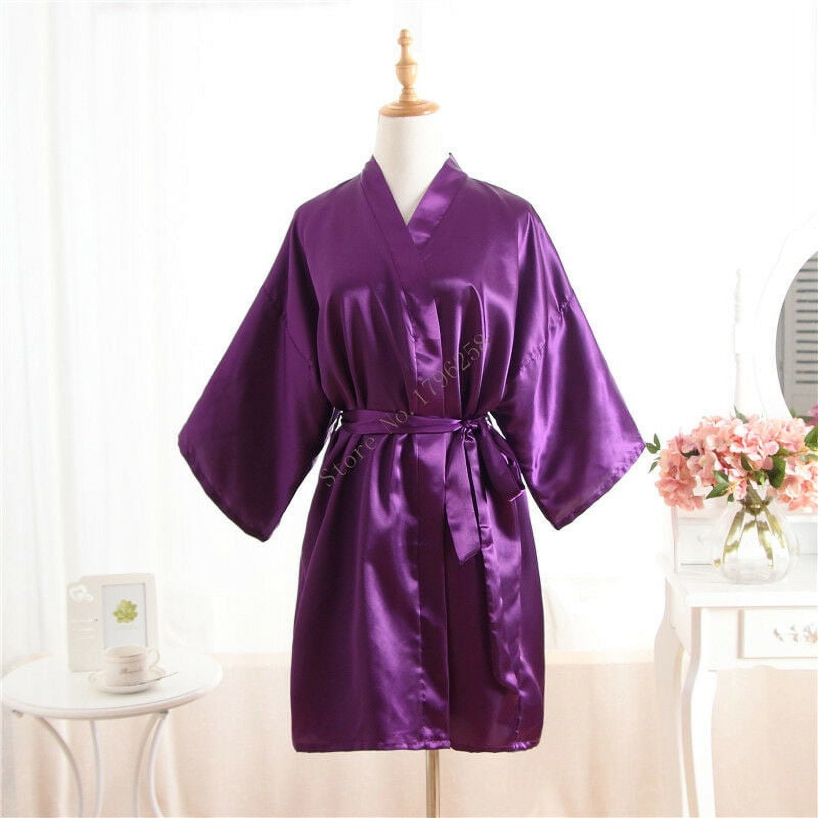 PURPLE Womens Satin Solid Kimono Silk Satin Robes Wedding Bridesmaid ...