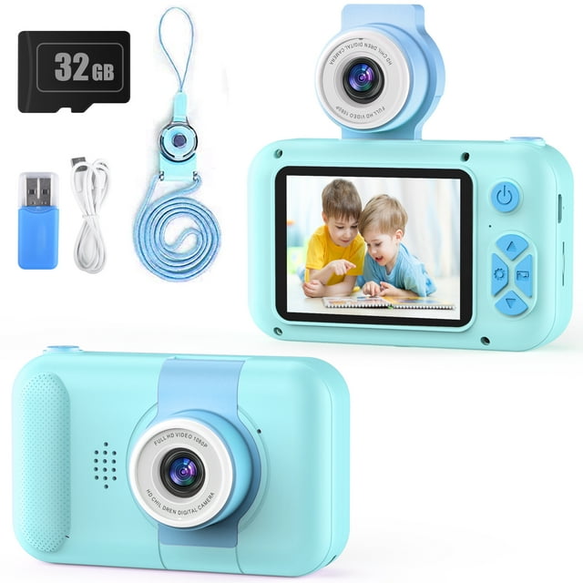 PURULU Kids Camera 180° Flip Lens, HD Video, 32GB SD, 3-8 Yrs, Blue ...