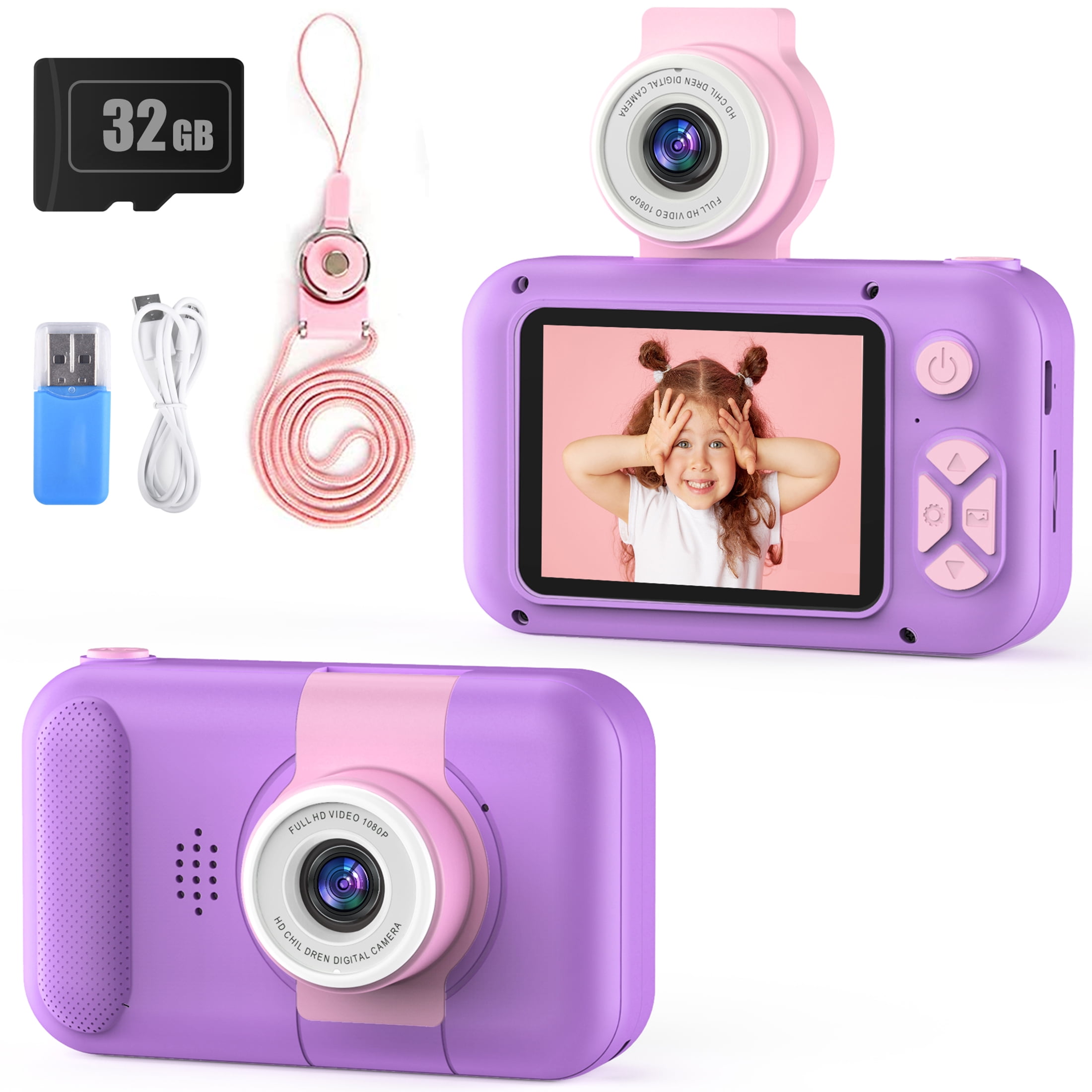 PURULU Children's Photo Toy Camera, 180° Flip-up Lens, HD Video ...