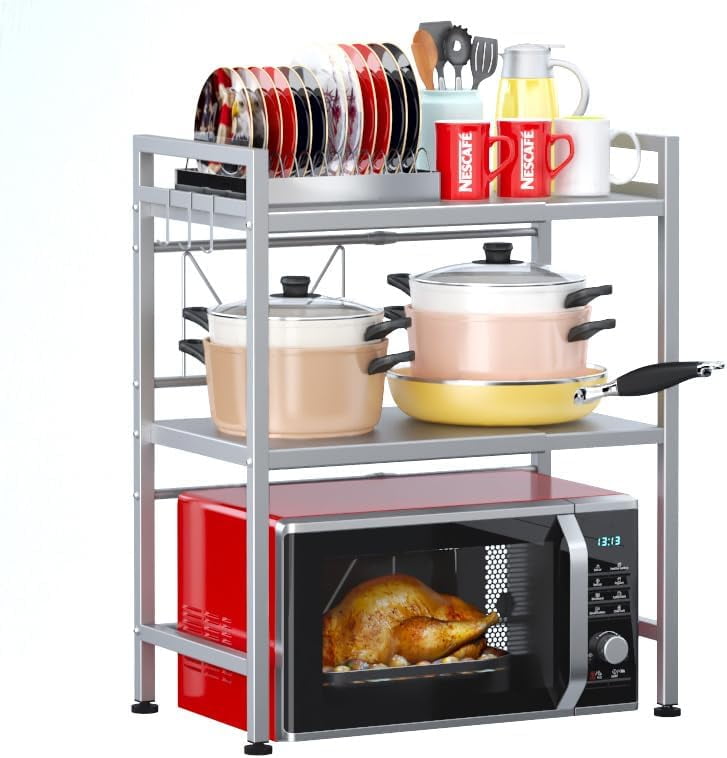 PUSDON Extendable Microwave Oven Rack, Adjustable Microwave/Toaster Shelf Heavy Duty Stand ...