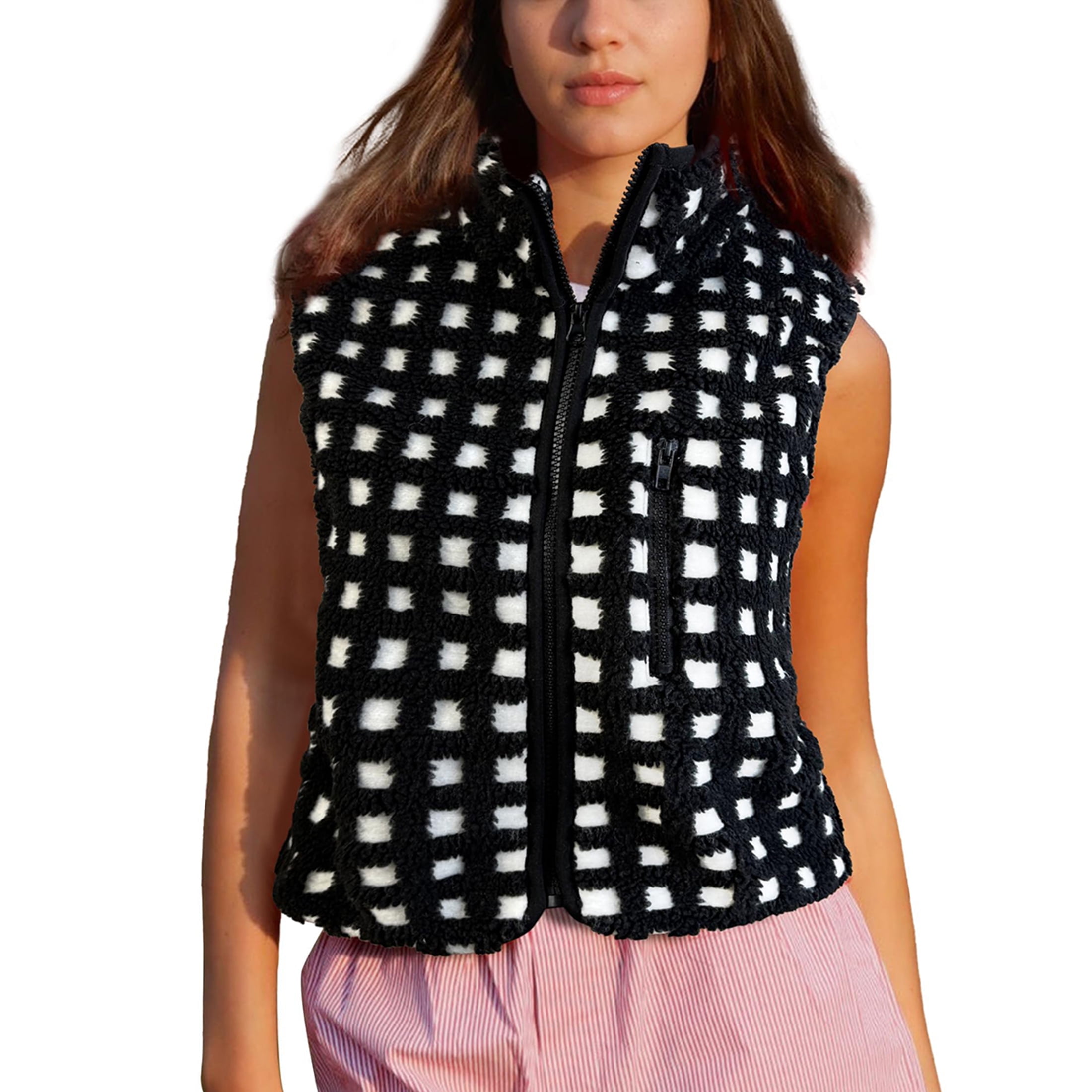 PUWEI Women's Checkered Fleece Jacket Sleeveless Sherpa Vest Warm Zip ...