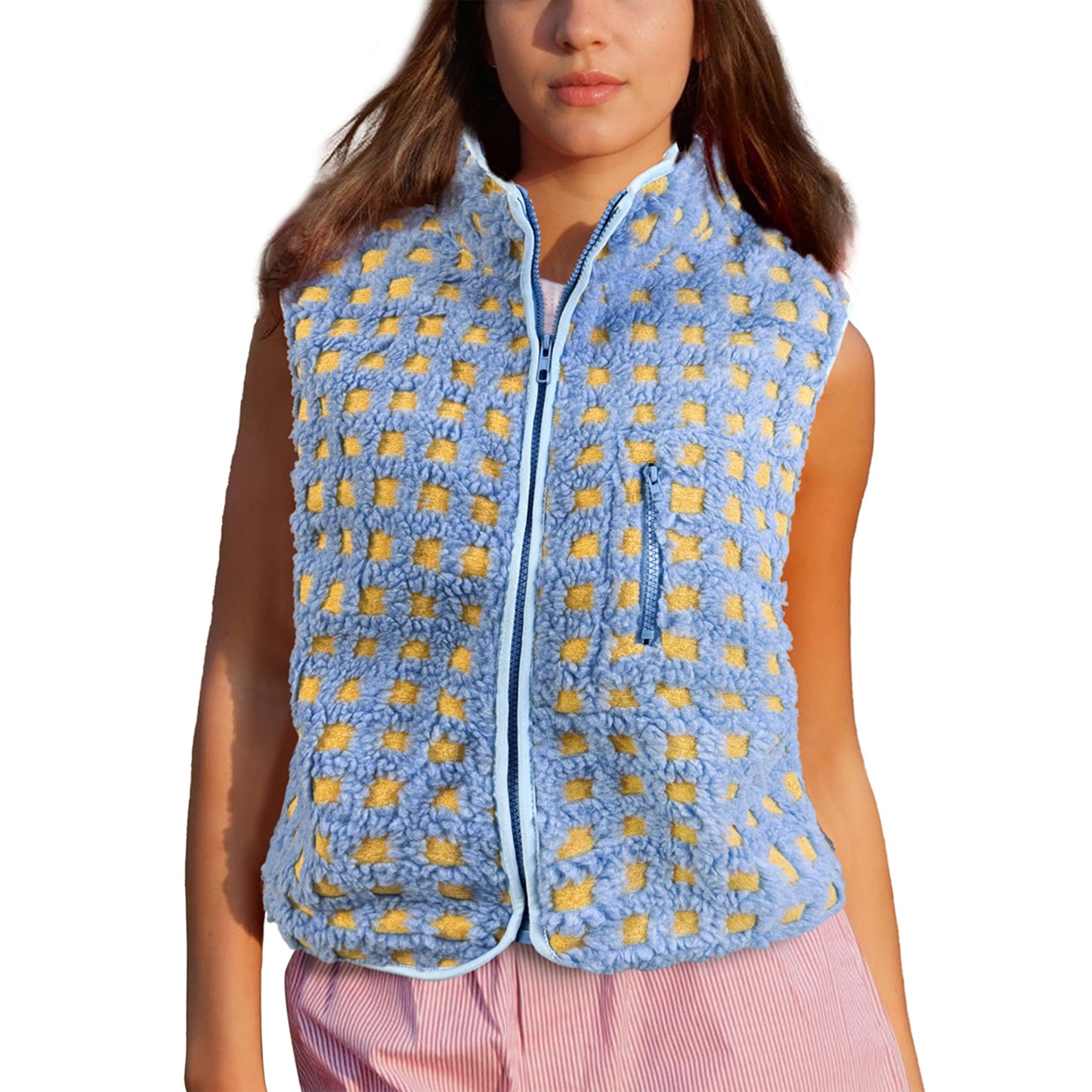 PUWEI Women's Checkered Fleece Jacket Sleeveless Sherpa Vest Warm Zip ...