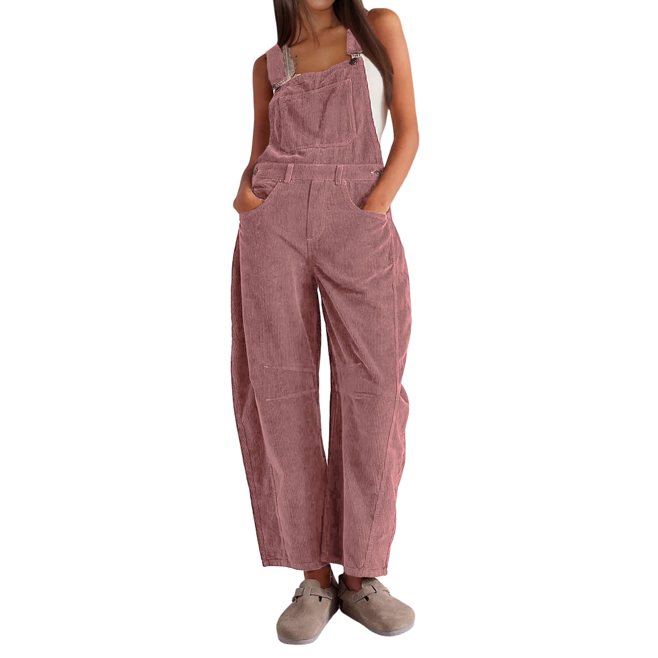 PUWEI Women's Corduroy Overalls Wide Leg Barrel Jeans Adjustable Straps ...