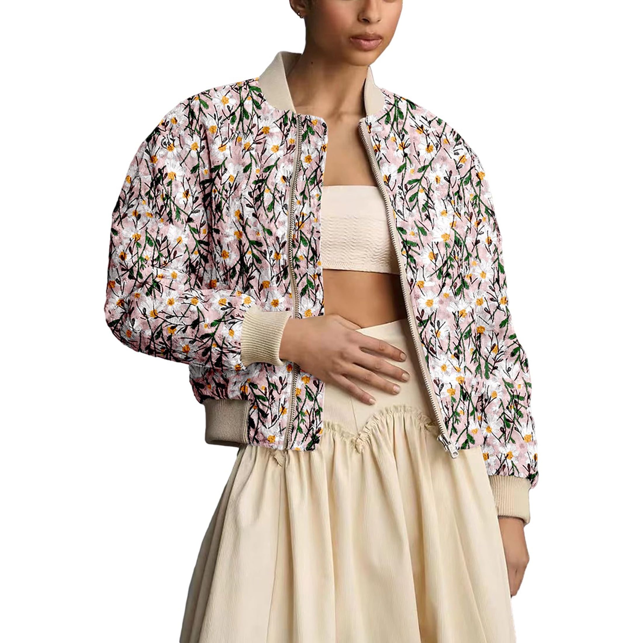 PUWEI Women's Daisy Embroidered Cropped Short Jacket Quilted Puffer ...