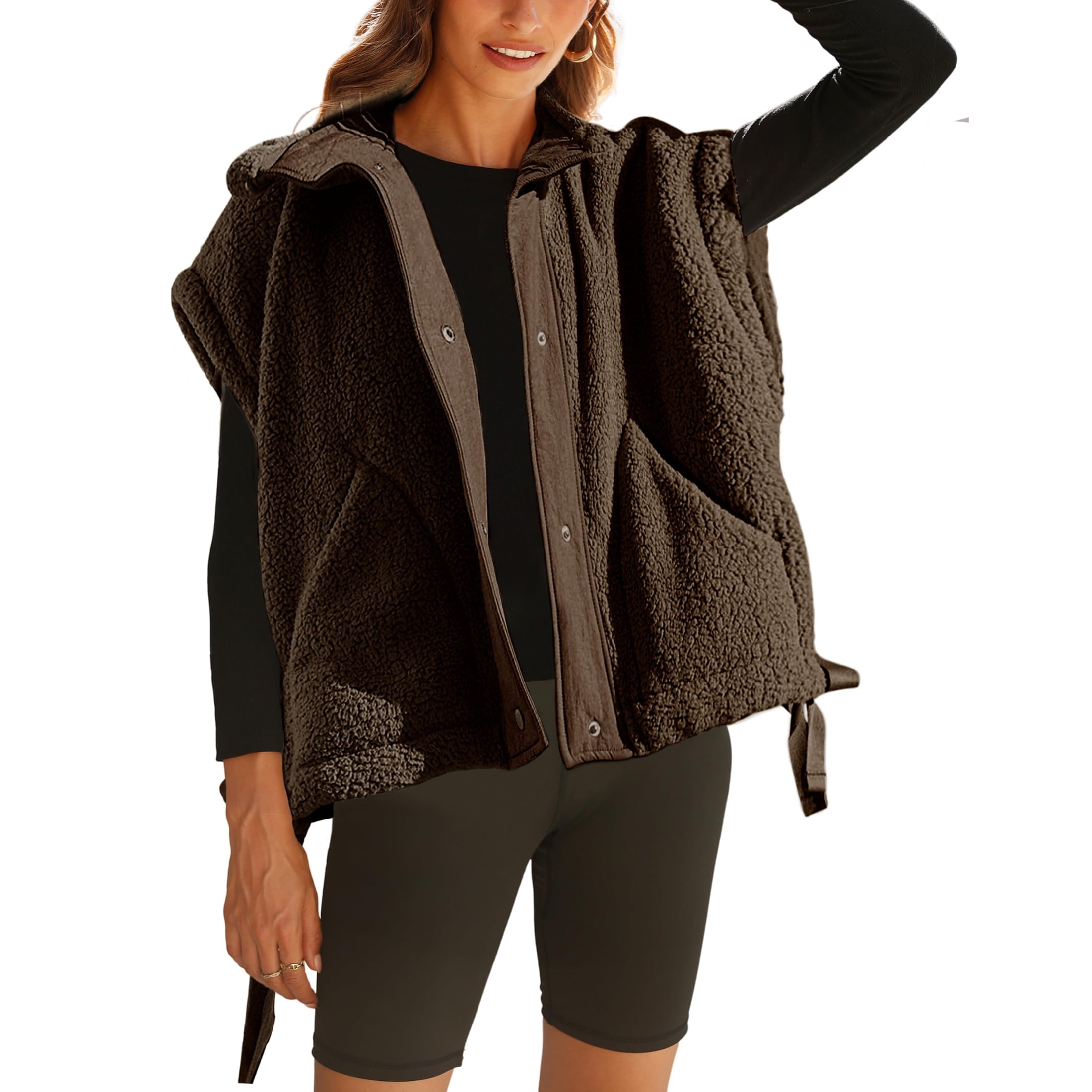 PUWEI Women's Fuzzy Fleece Vest Jacket Sleeveless Sherpa Vest Button ...
