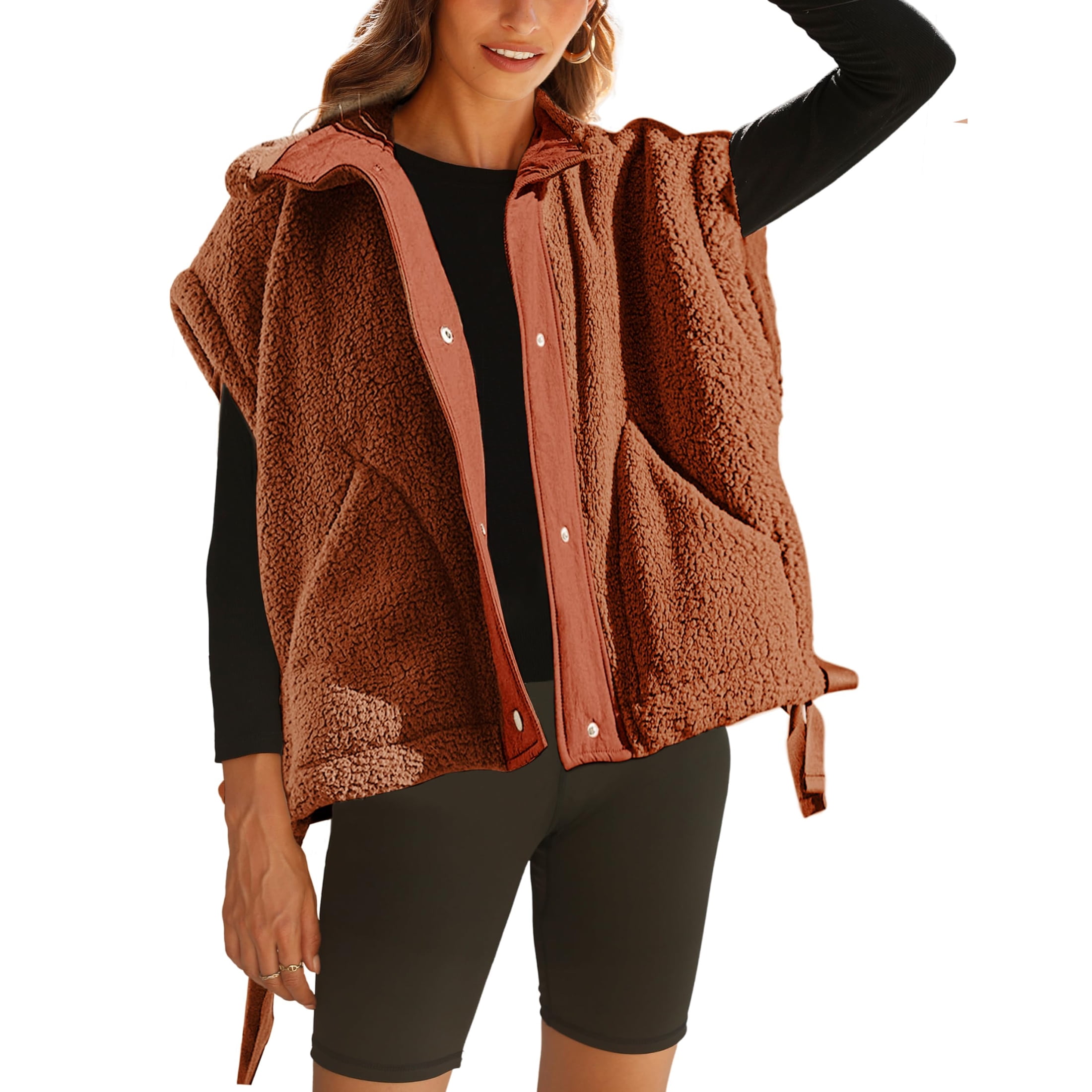 PUWEI Women's Fuzzy Fleece Vest Jacket Sleeveless Sherpa Vest Button ...