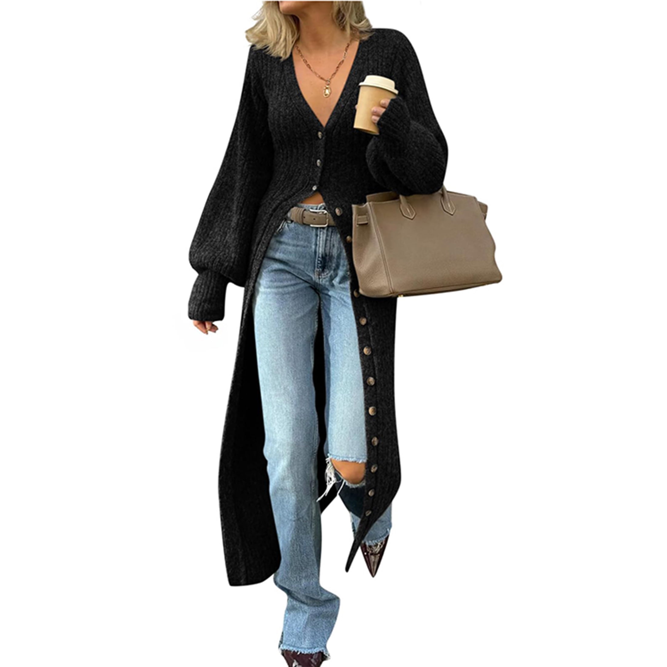PUWEI Women's Long Chunky Knit Cardigans V Neck Button Down Sweater ...