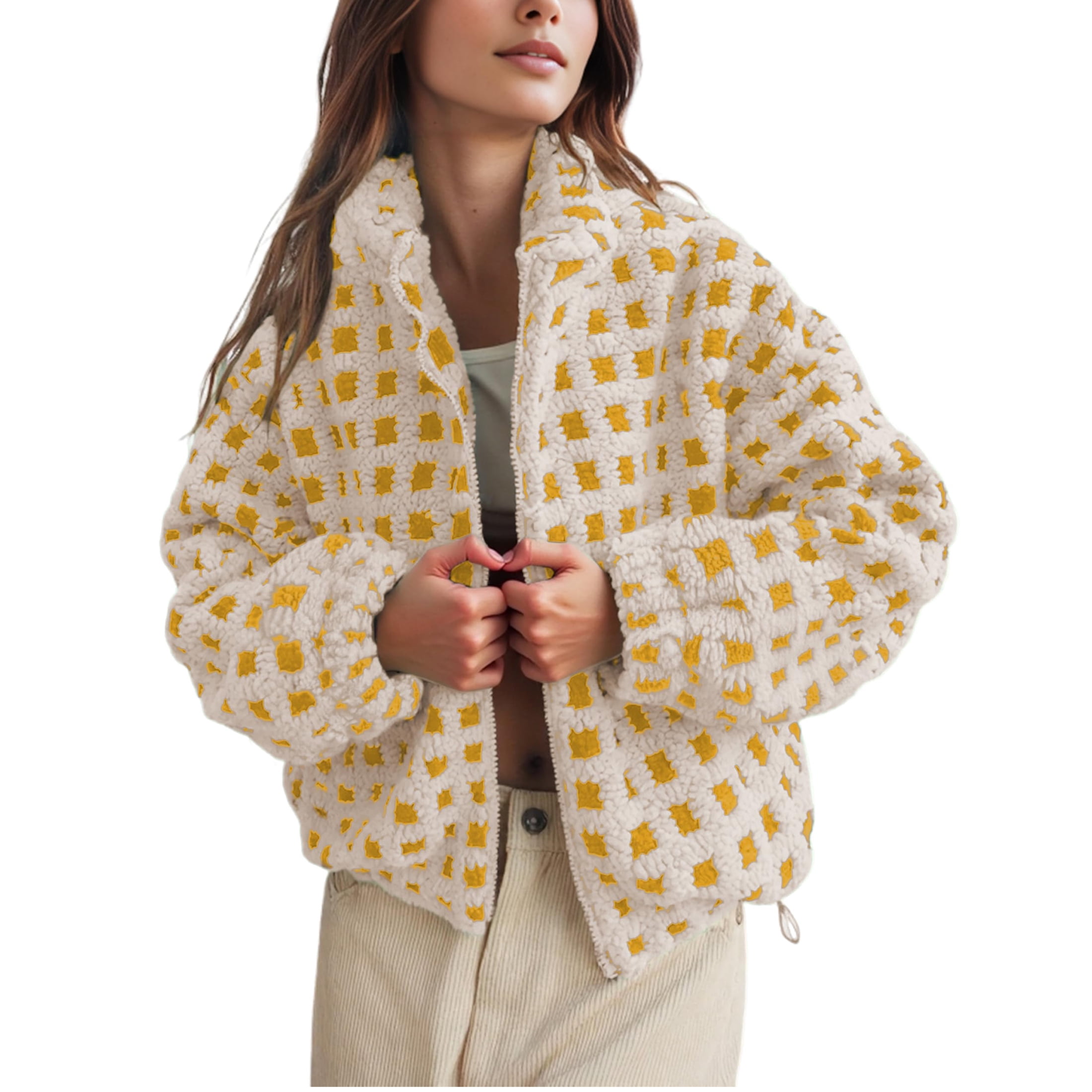 PUWEI Women's Sherpa Checkered Fleece Jacket Long Sleeve Coat Warm Zip ...