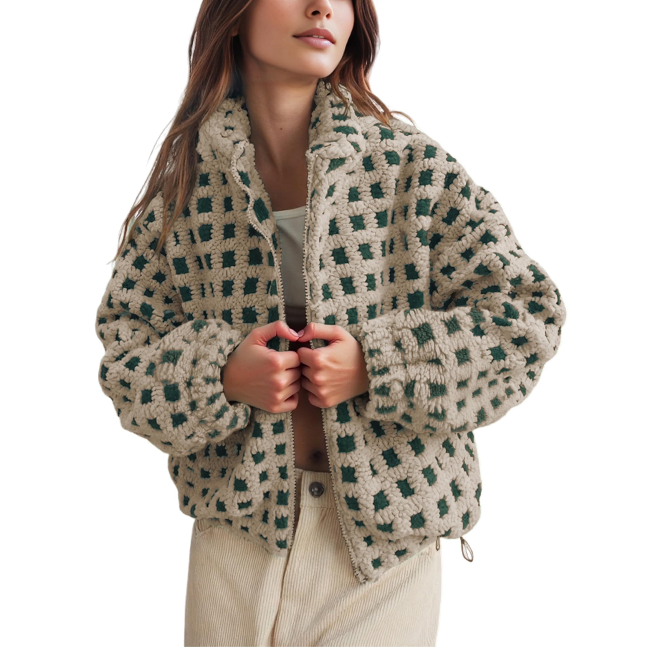 PUWEI Women's Sherpa Checkered Fleece Jacket Long Sleeve Coat Warm Zip ...