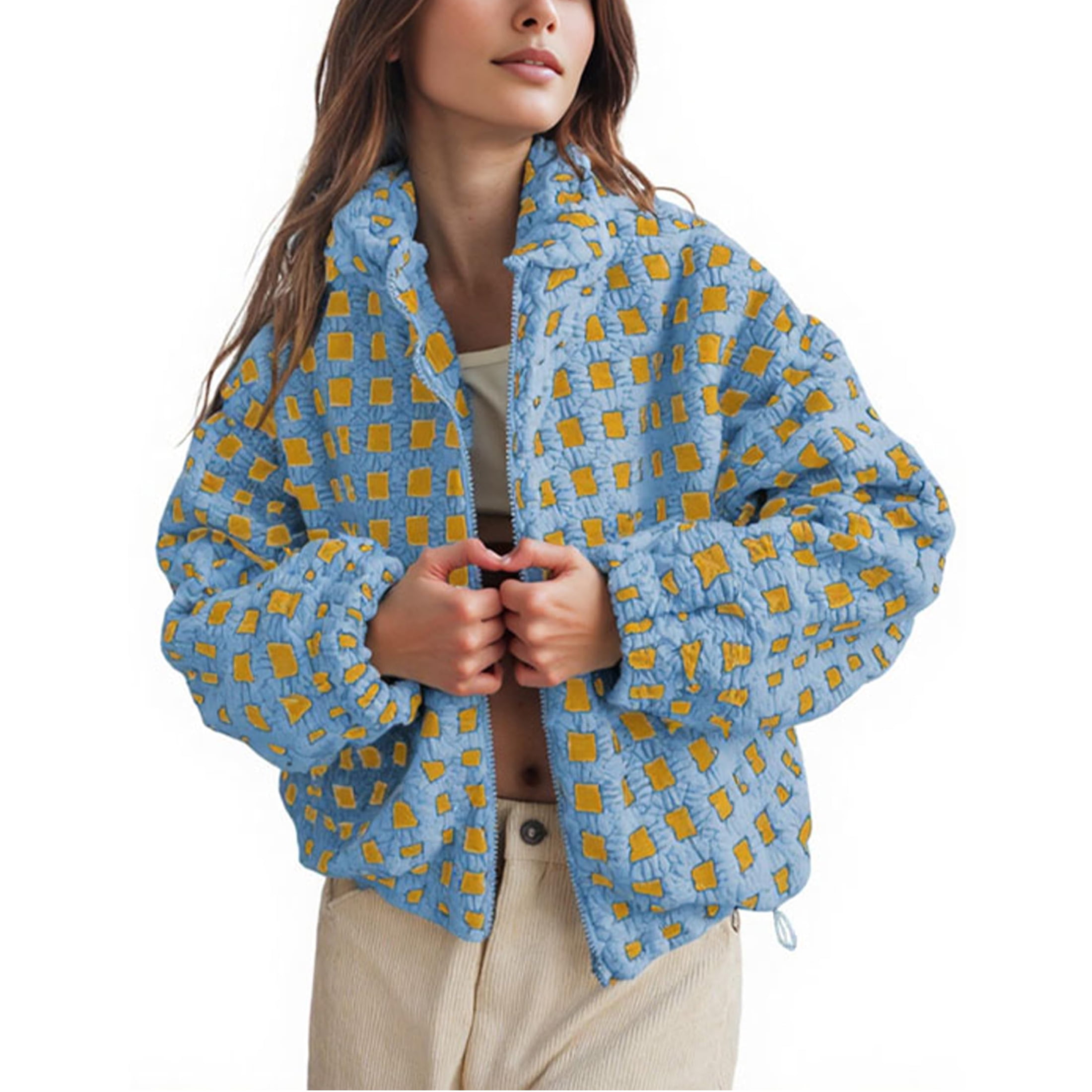 PUWEI Women's Sherpa Checkered Fleece Jacket Long Sleeve Coat Warm Zip ...