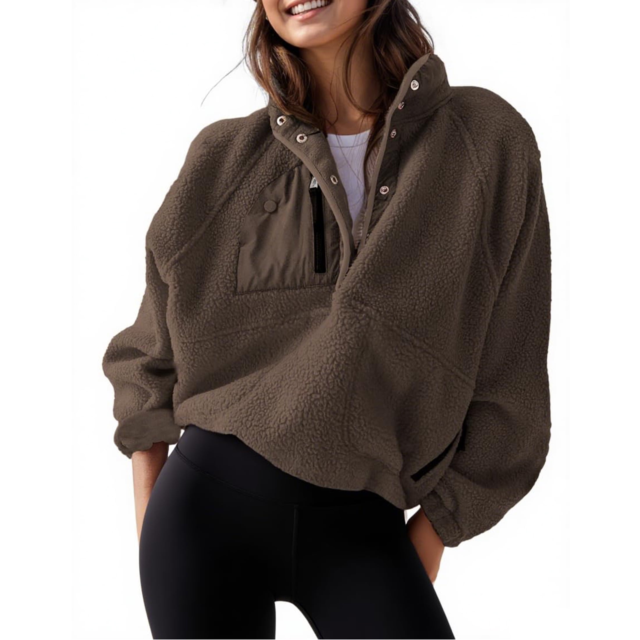 PUWEI Women's Sherpa Fleece Button Pullover Lightweight Fuzzy Cropped ...