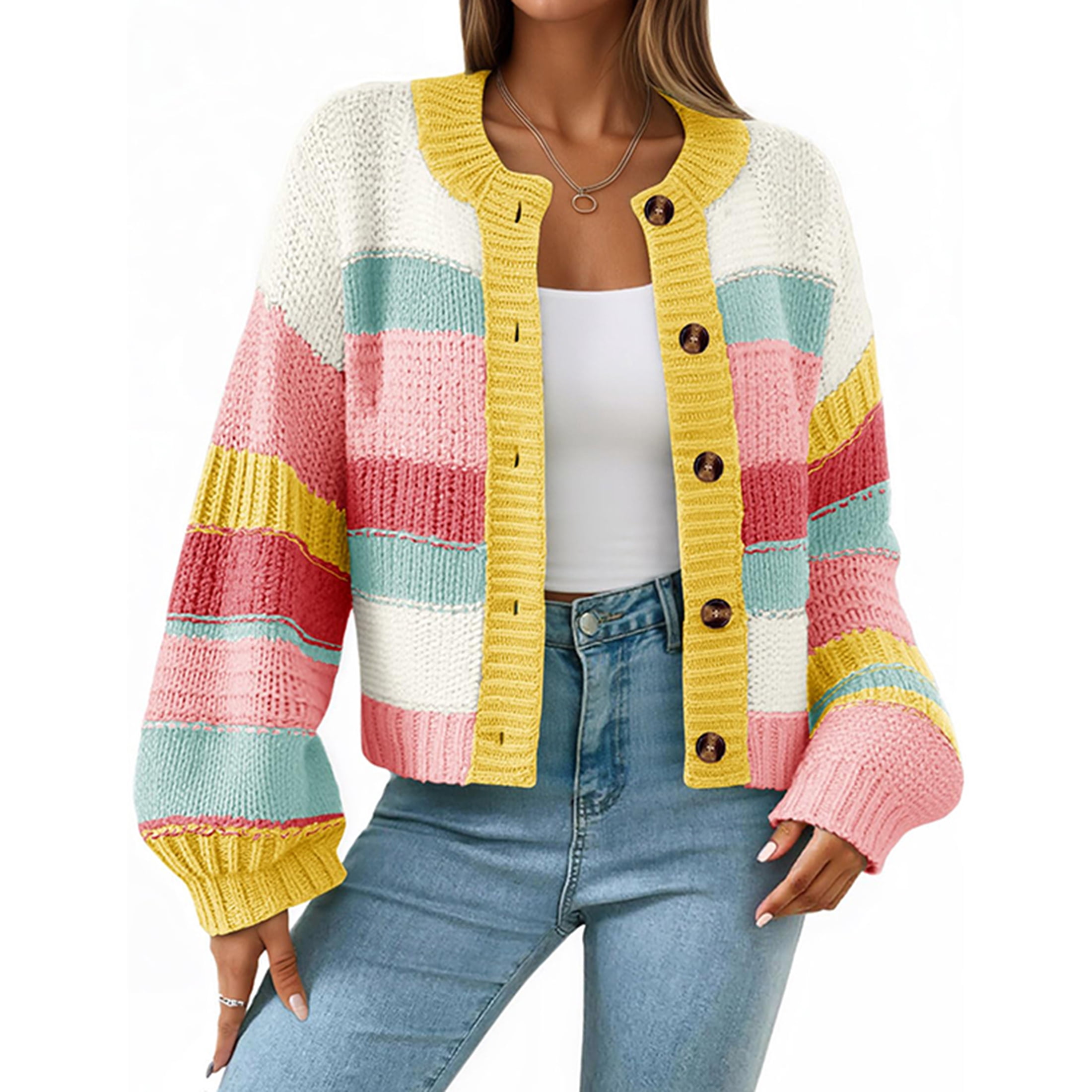 PUWEI Women's Striped Cardigan Sweaters Long Sleeve Trendy Chunky Knit ...