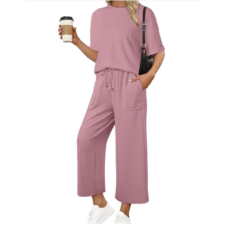 PUWEI Women's Summer Two Piece Outfits Casual Short Sleeve Pullover and Cropped Wide Leg Pants ...