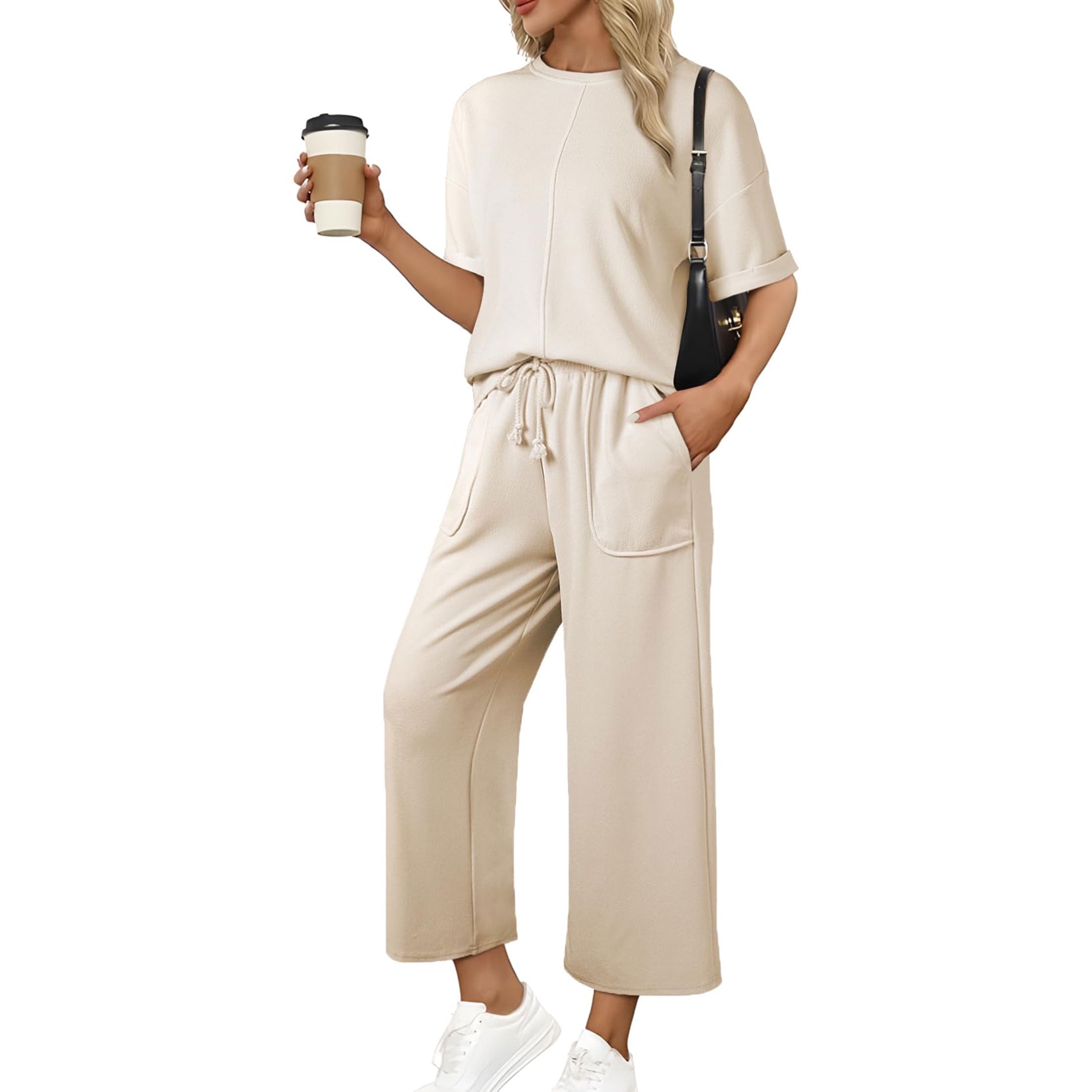 PUWEI Women's Summer Two Piece Outfits Casual Short Sleeve Pullover and Cropped Wide Leg Pants ...