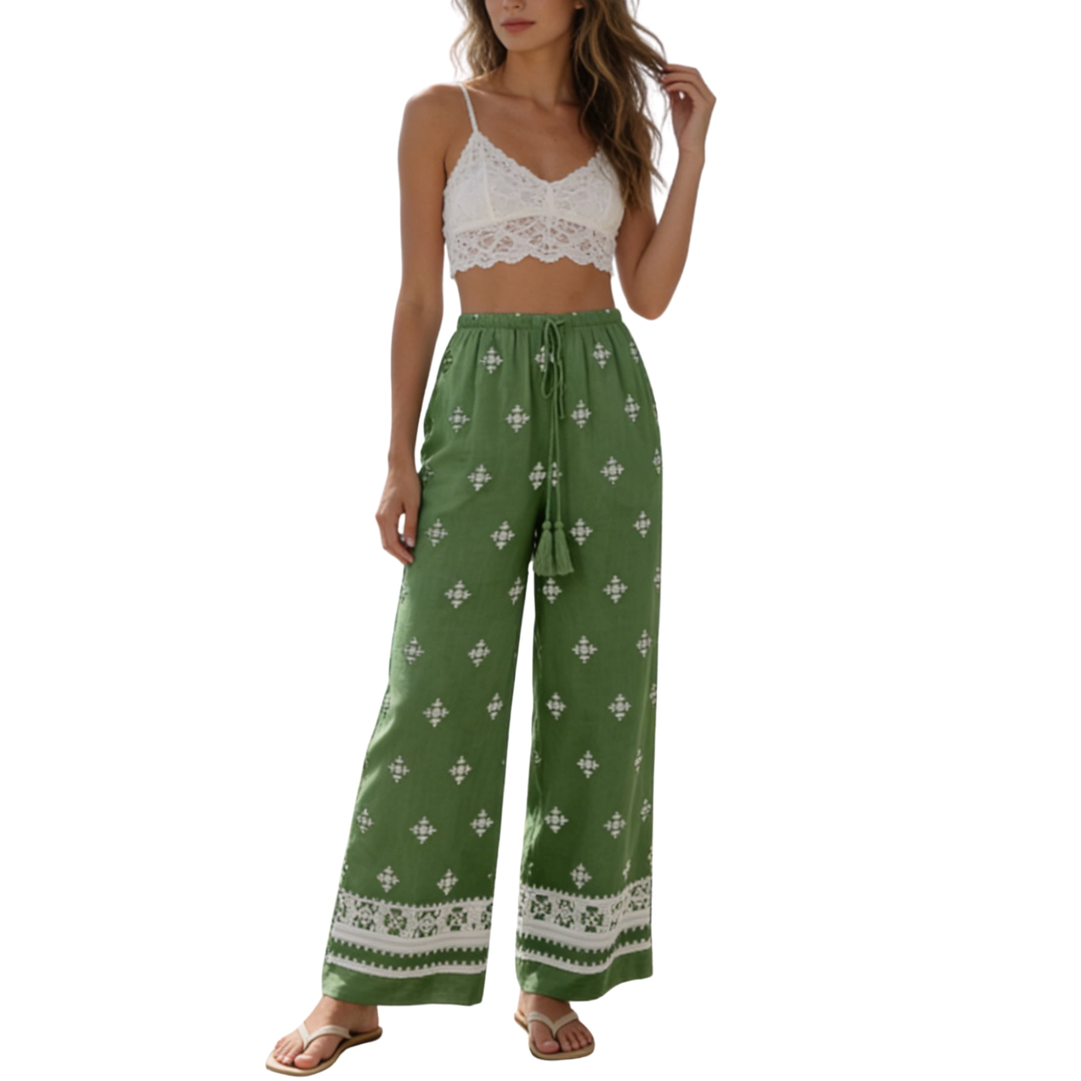 PUWEI Women's Wide Leg Pants Drawstring Elastic Waist Flowy Boho Floral ...