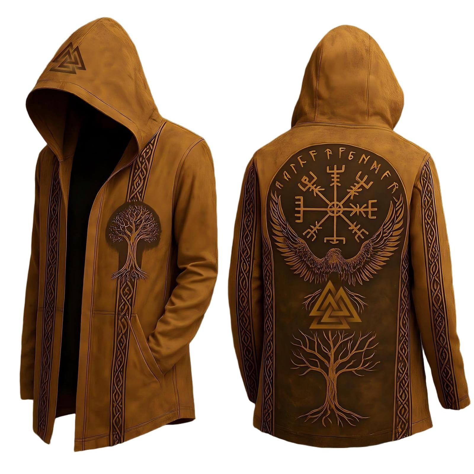 PUYAHG Mens Casual Cardigan Retro Medieval Norse Mythology Hooded Long ...
