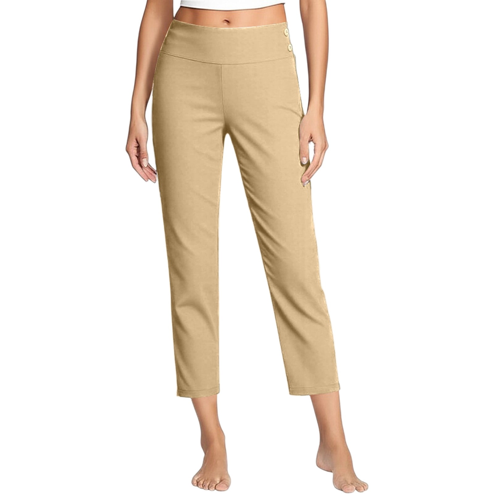 PUYAHG Trendy Casual Capri Pants Womens Button Detail High Waist ...