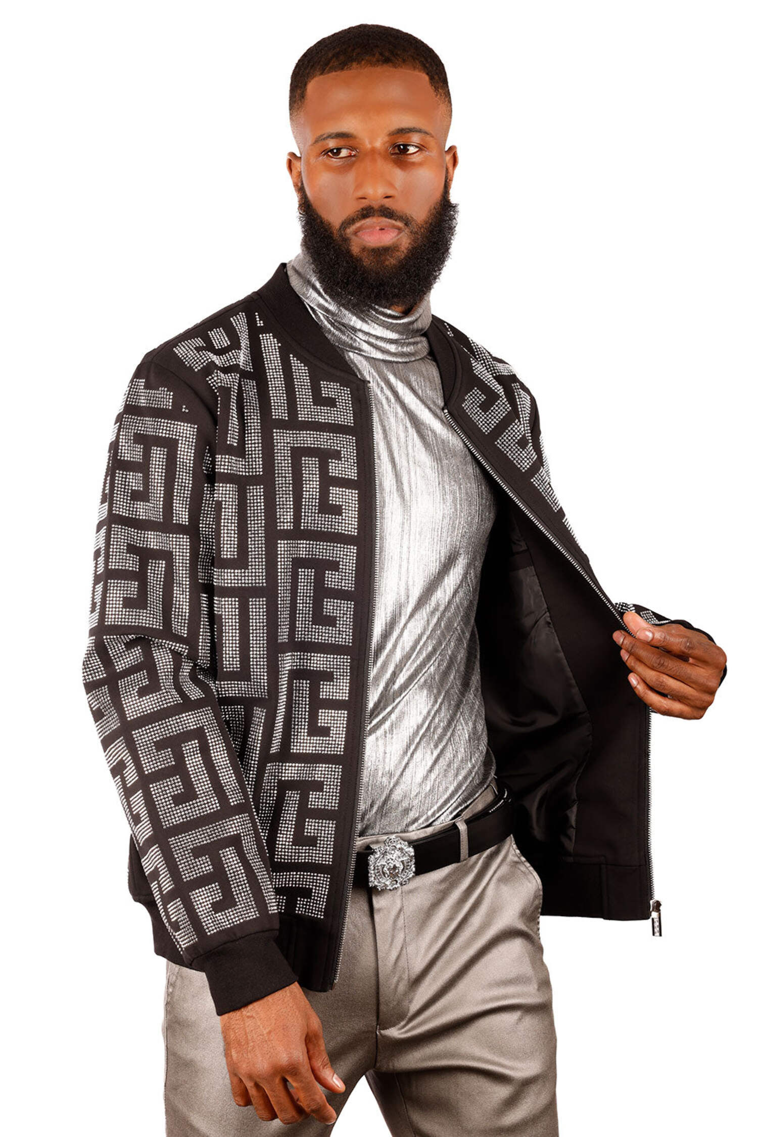 Barabas Men's Rhinestone Geometric Baseball Collar Bomber Jacket 2BPR7 ...