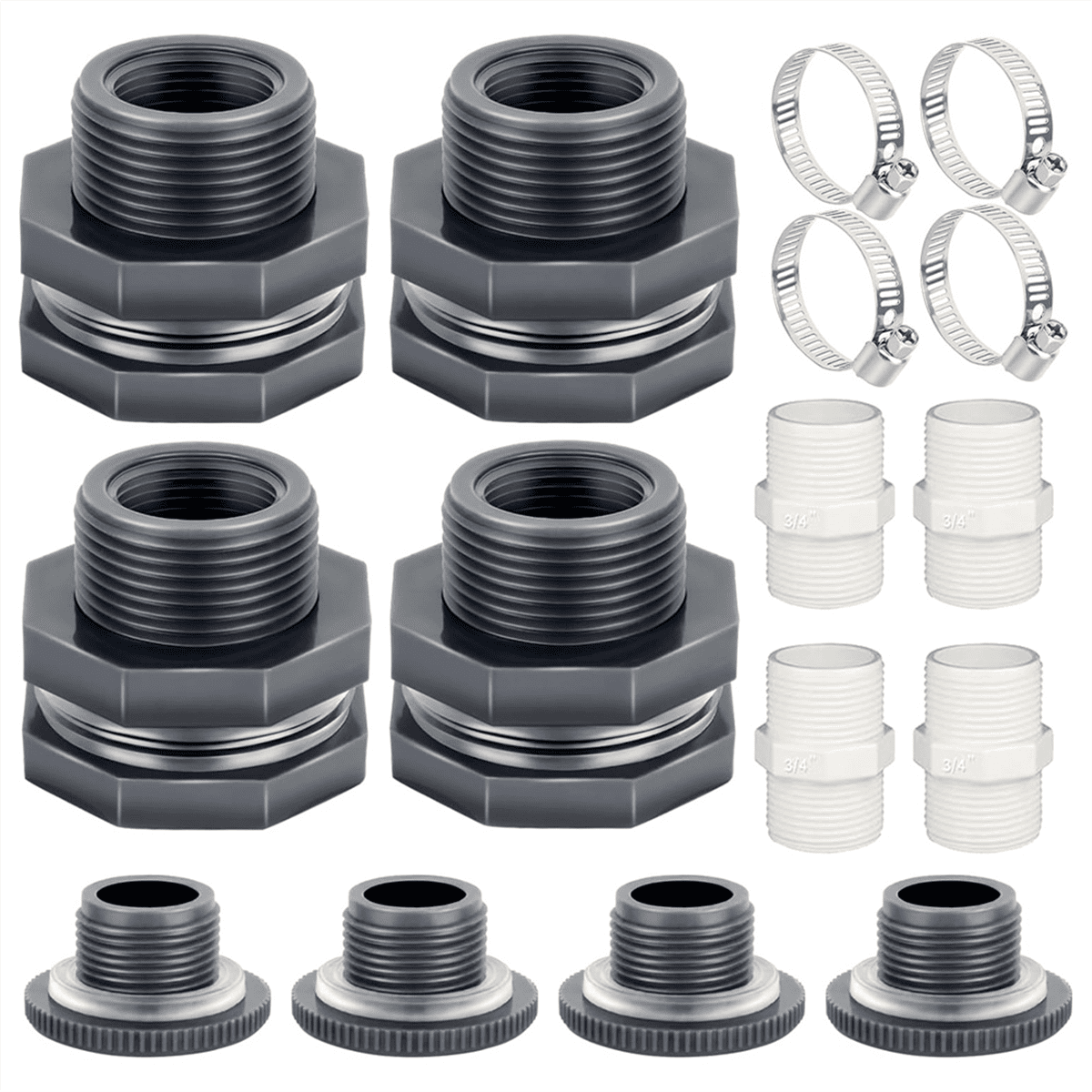 PVC Bulkhead Fitting 3/4 Inch with Plugs,Garden Hose Adapter with Clamp Kit,Water Tank Connector ...