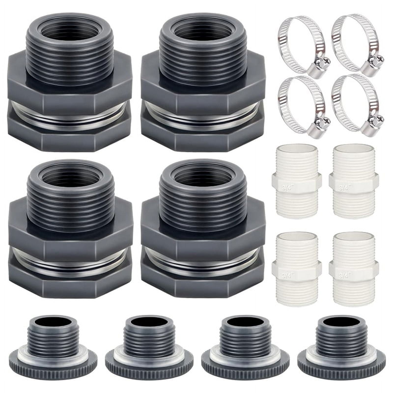 PVC Bulkhead Fitting 3/4 Inch with Plugs,Garden Hose Adapter with Clamp Kit,Water Tank Connector ...