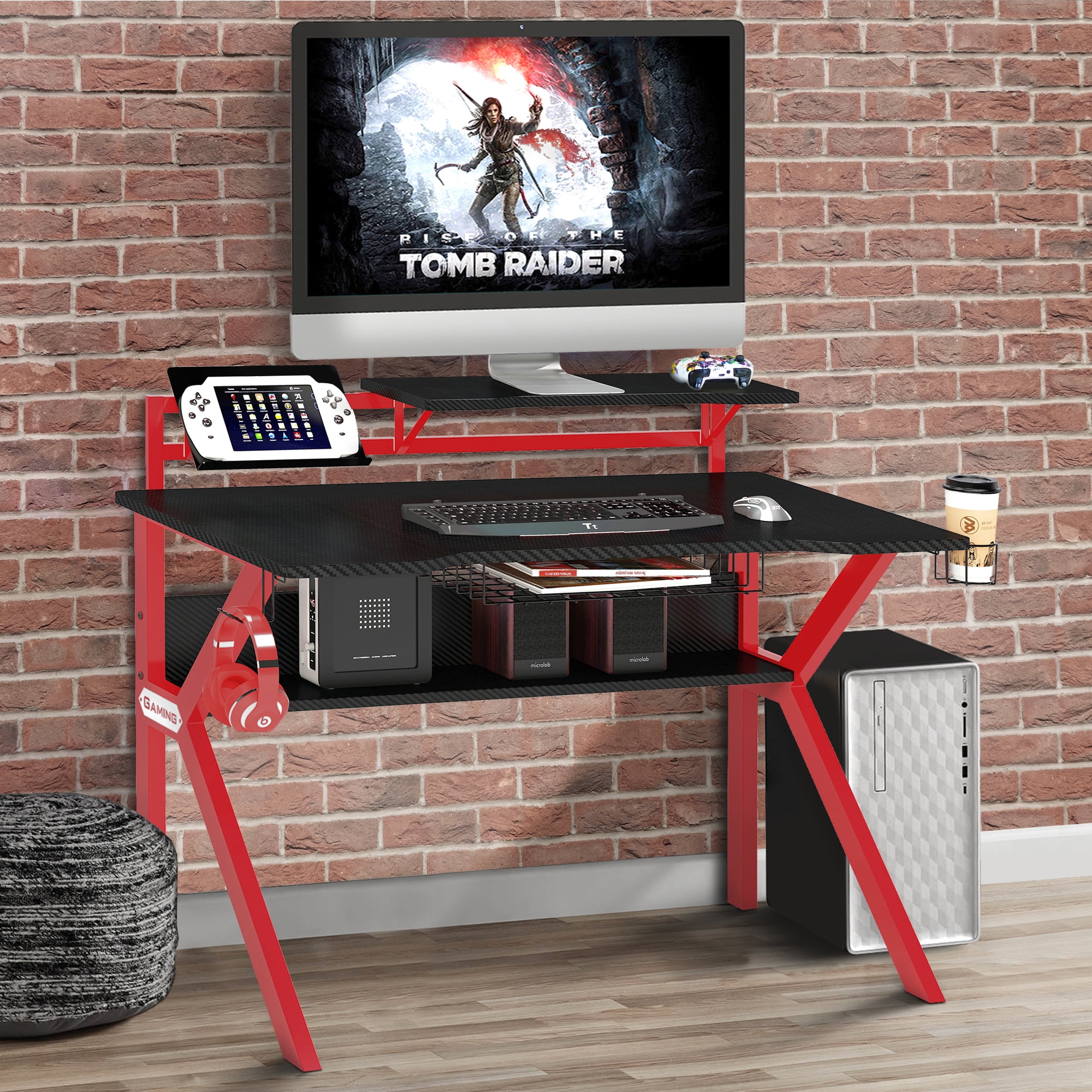 PVC Coated Ergonomic Metal Frame Gaming Desk, Black and Red- Saltoro ...