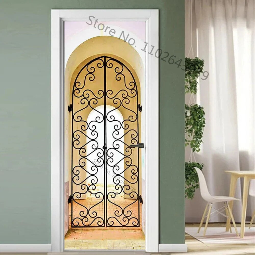 PVC Door Sticker Modern 3D Black Iron Wine Cabinet Wallpaper Living ...